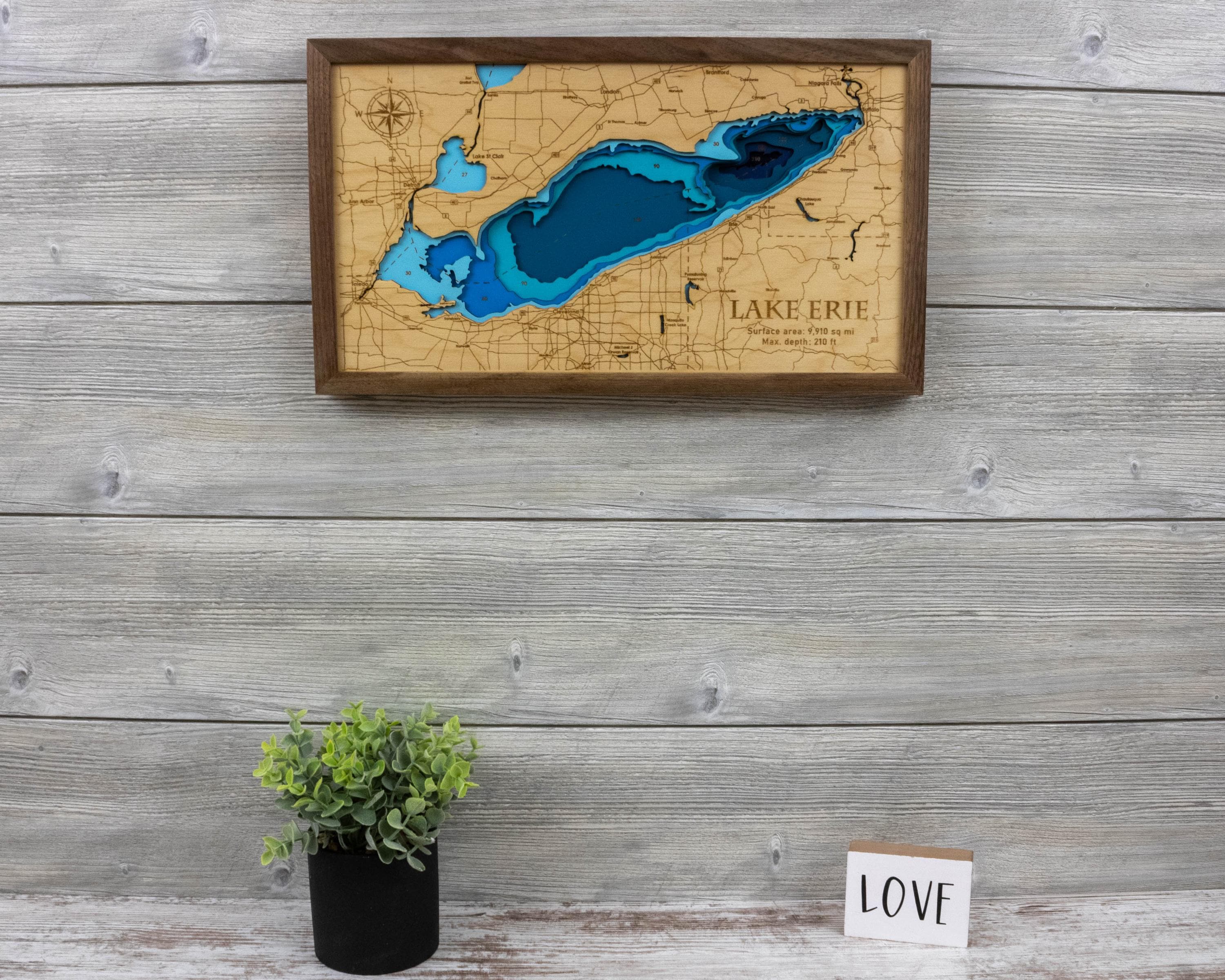 Multilayered Lake Erie Wood Map | Laser Engraved | Hardwood Framed Wall ...