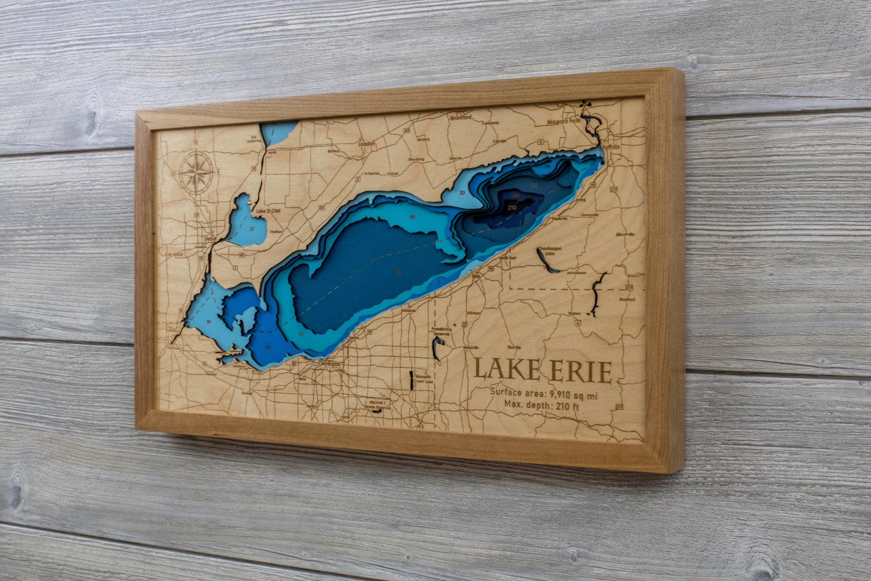 Multilayered Lake Erie Wood Map | Laser Engraved | Hardwood Framed Wall ...
