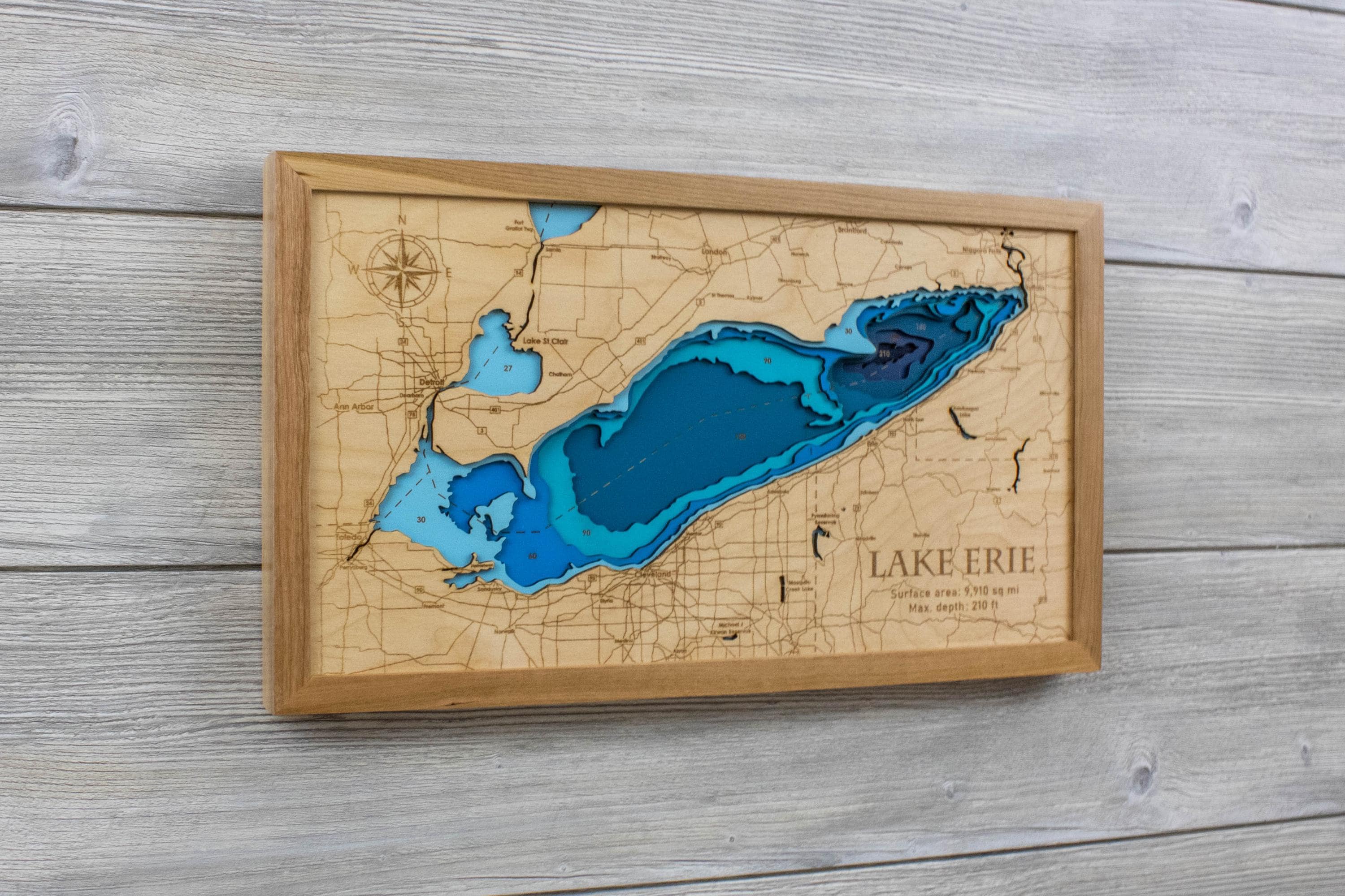 Multilayered Lake Erie Wood Map | Laser Engraved | Hardwood Framed Wall ...