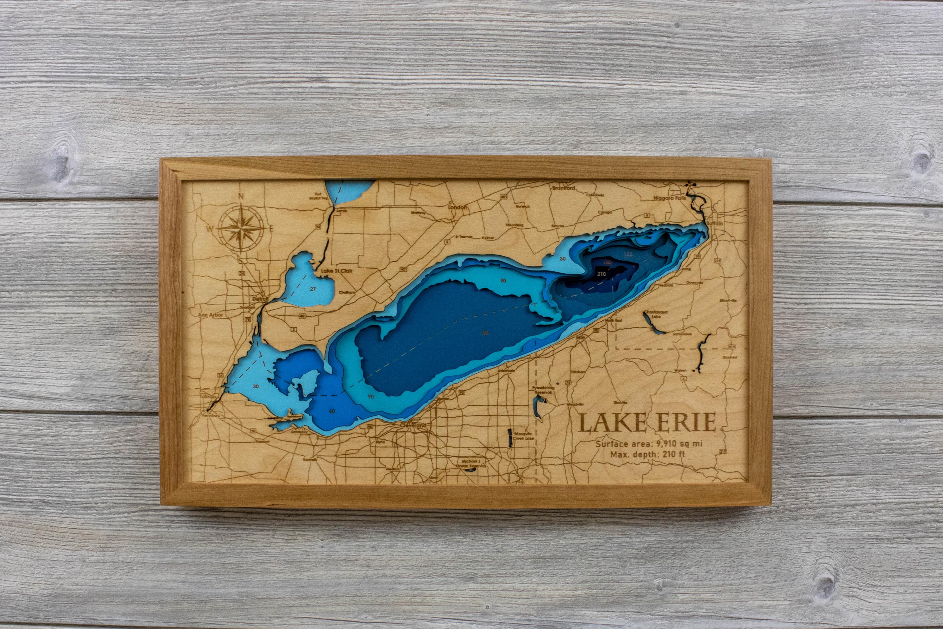 Multilayered Lake Erie Wood Map | Laser Engraved | Hardwood Framed Wall ...