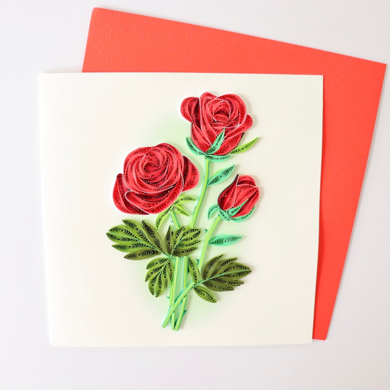 Red Rose Greeting Card, Quilling Wild Rose Card, Thank You Card, Floral ...
