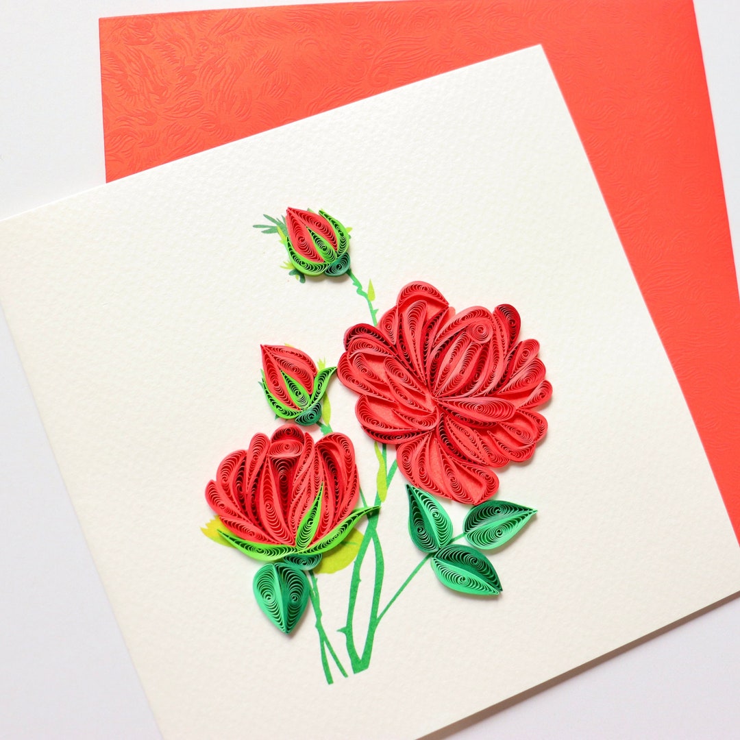 Red Rose Greeting Card, Quilling Wild Rose Card, Thank You Card, Floral ...