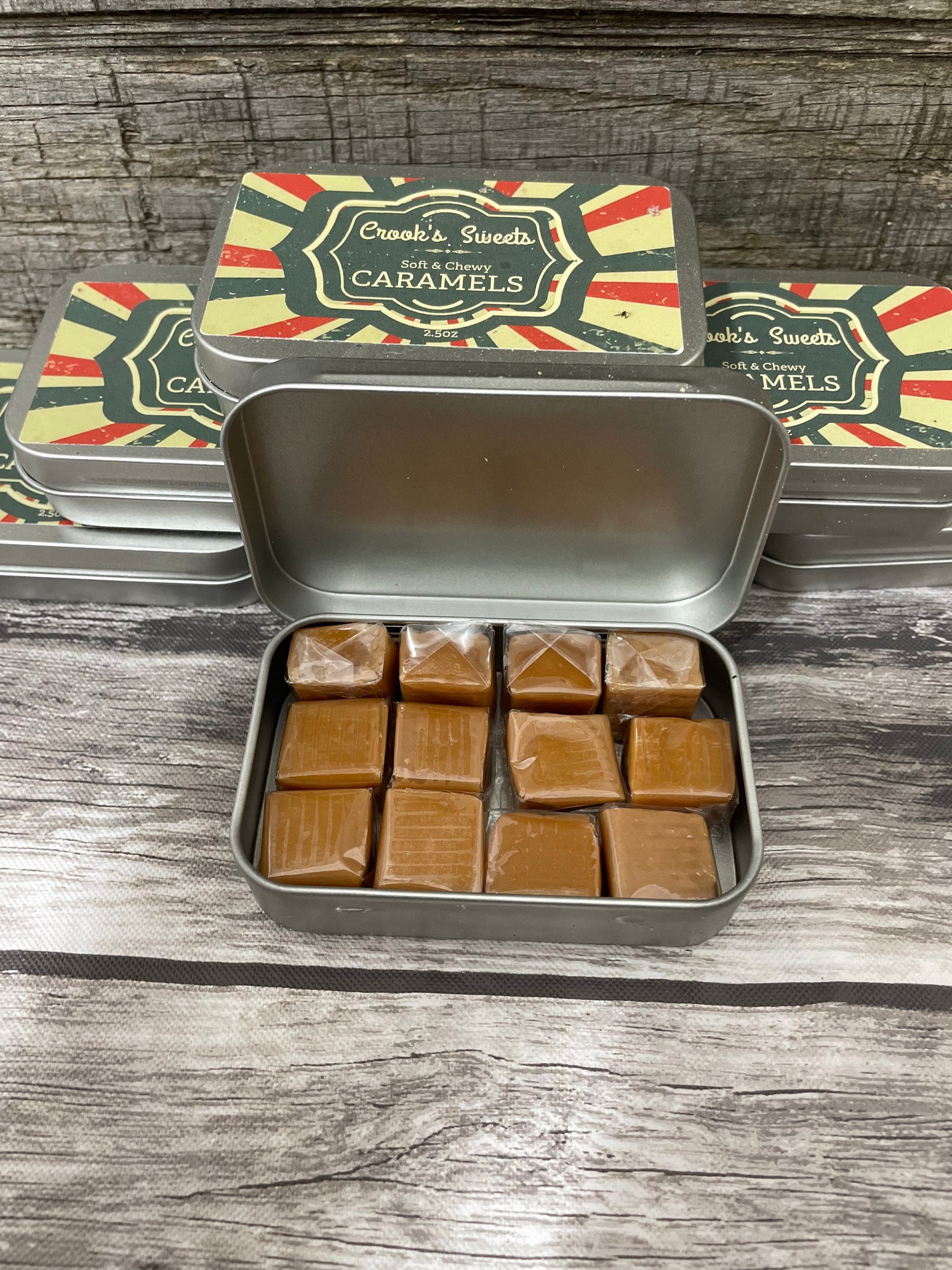 Retro WWII Caramel Candy Tins 1940s Homefront Prop Tin Crook’s Sweets ...