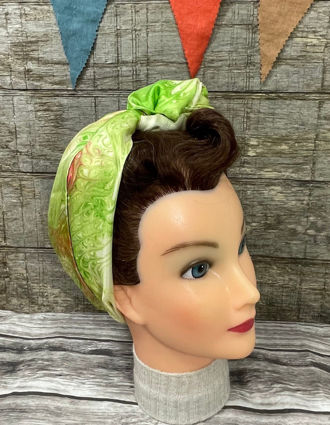 Wartime 1940s Style Head Scarf WWII Retro Light Green Silk Butterfly ...