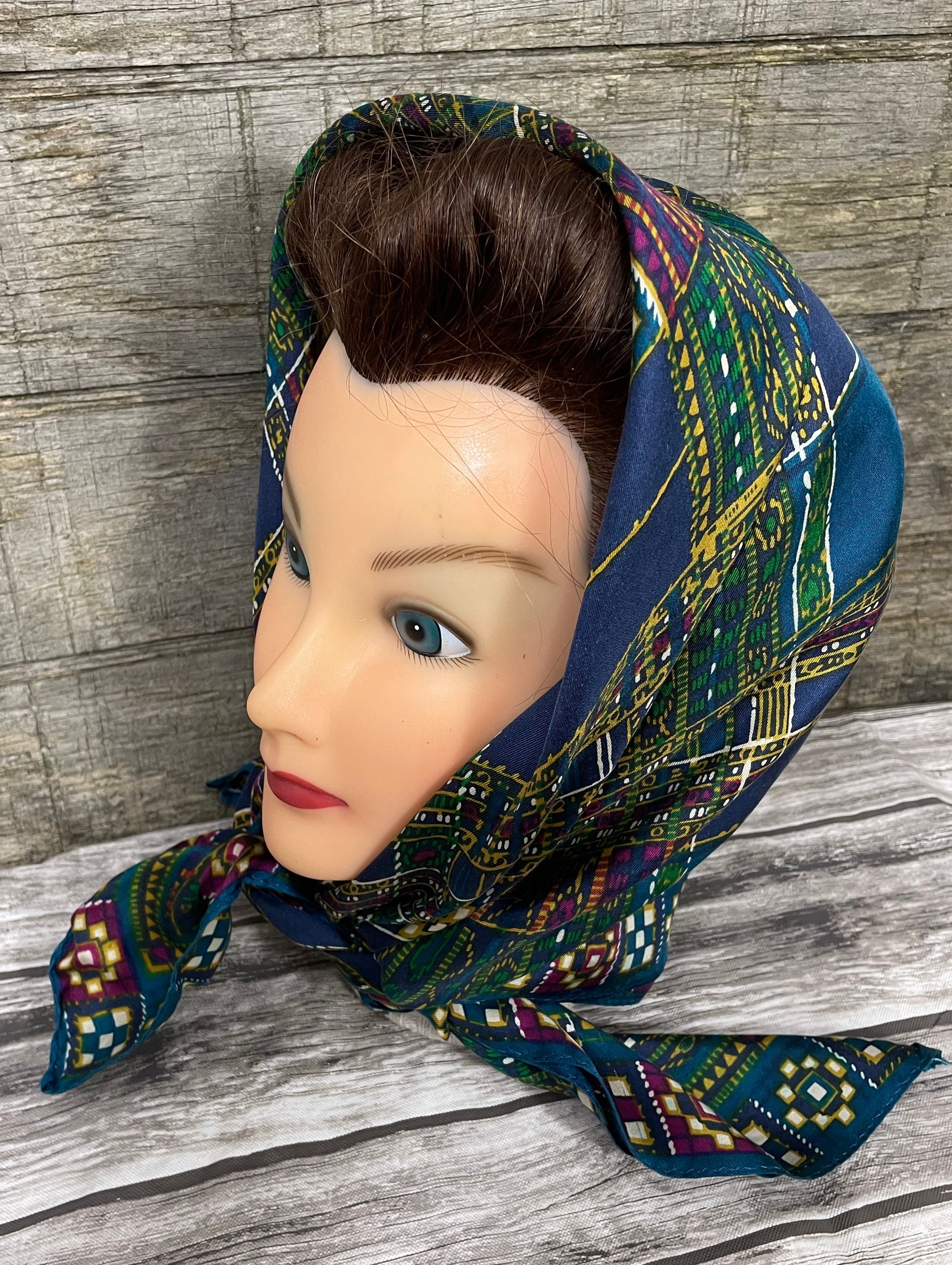 Wartime 1940s Style Head Scarf WWII Retro Teal Blue Plaid Silk Wrap ...
