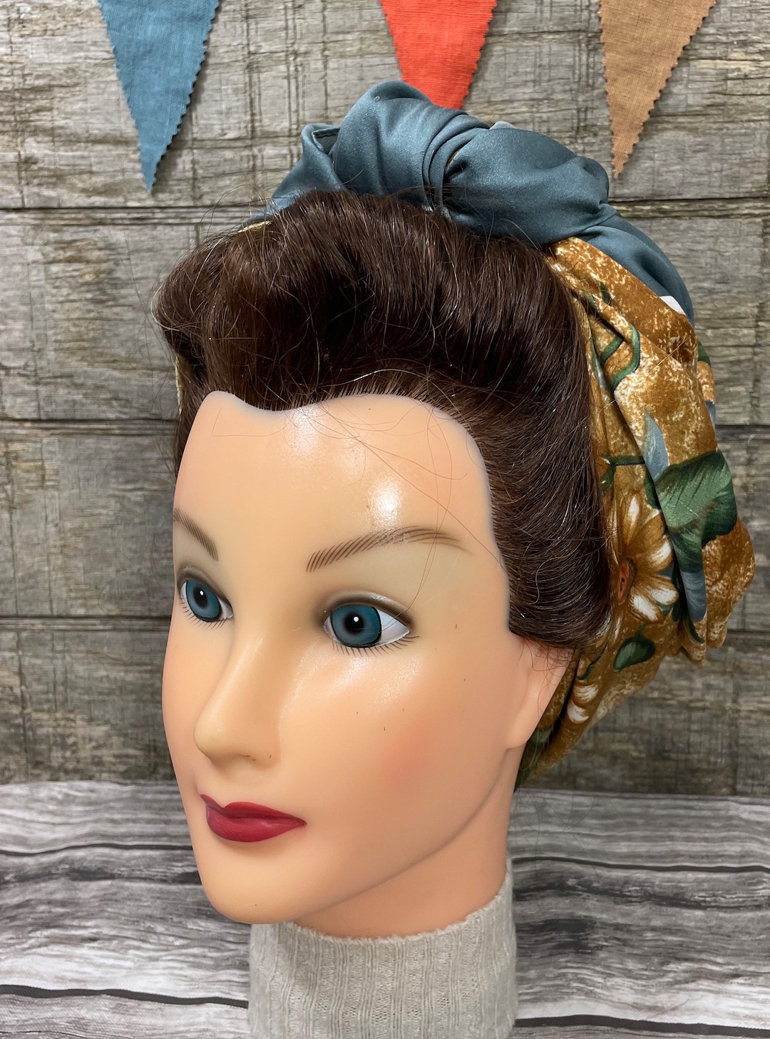 Wartime 1940s Style Head Scarf WWII Retro Silk Brown Gray Floral Wrap ...