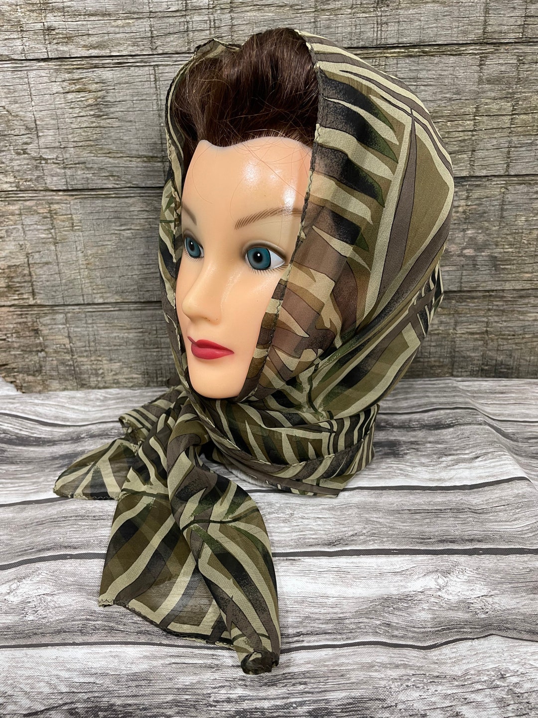 Wartime 1940s Style Head Scarf WWII Retro Khaki Brown Palm Fronds Semi ...