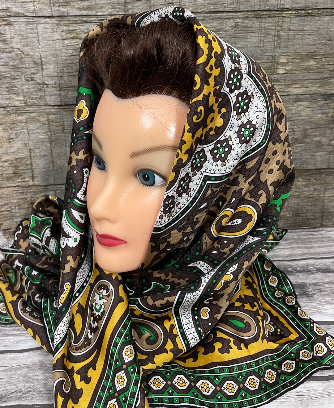 Wartime 1940s Style Head Scarf WWII Retro Brown, Yellow, Green Silk ...