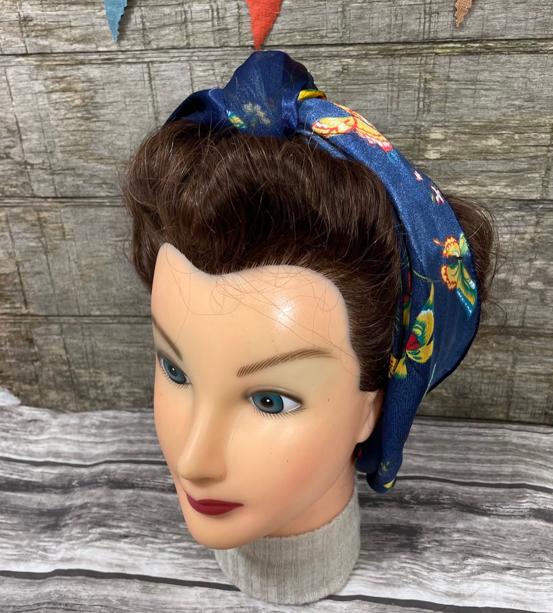 WWII 1940s Style Head Scarf WWII Retro Navy Blue Butterfly Wrap Hair ...
