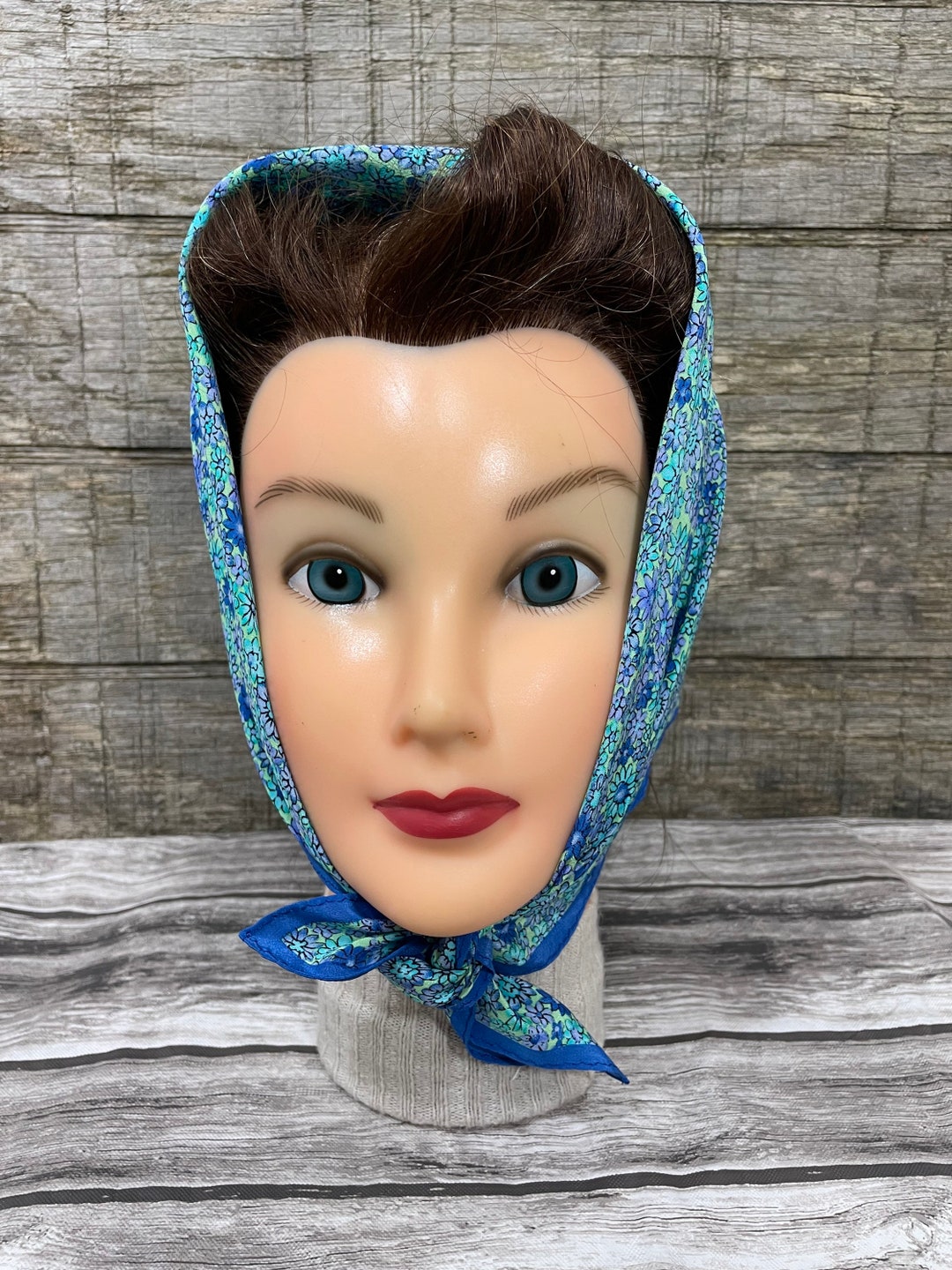 Wartime 1940s Style Head Scarf WWII Retro Blue Floral Silk Wrap Hair ...