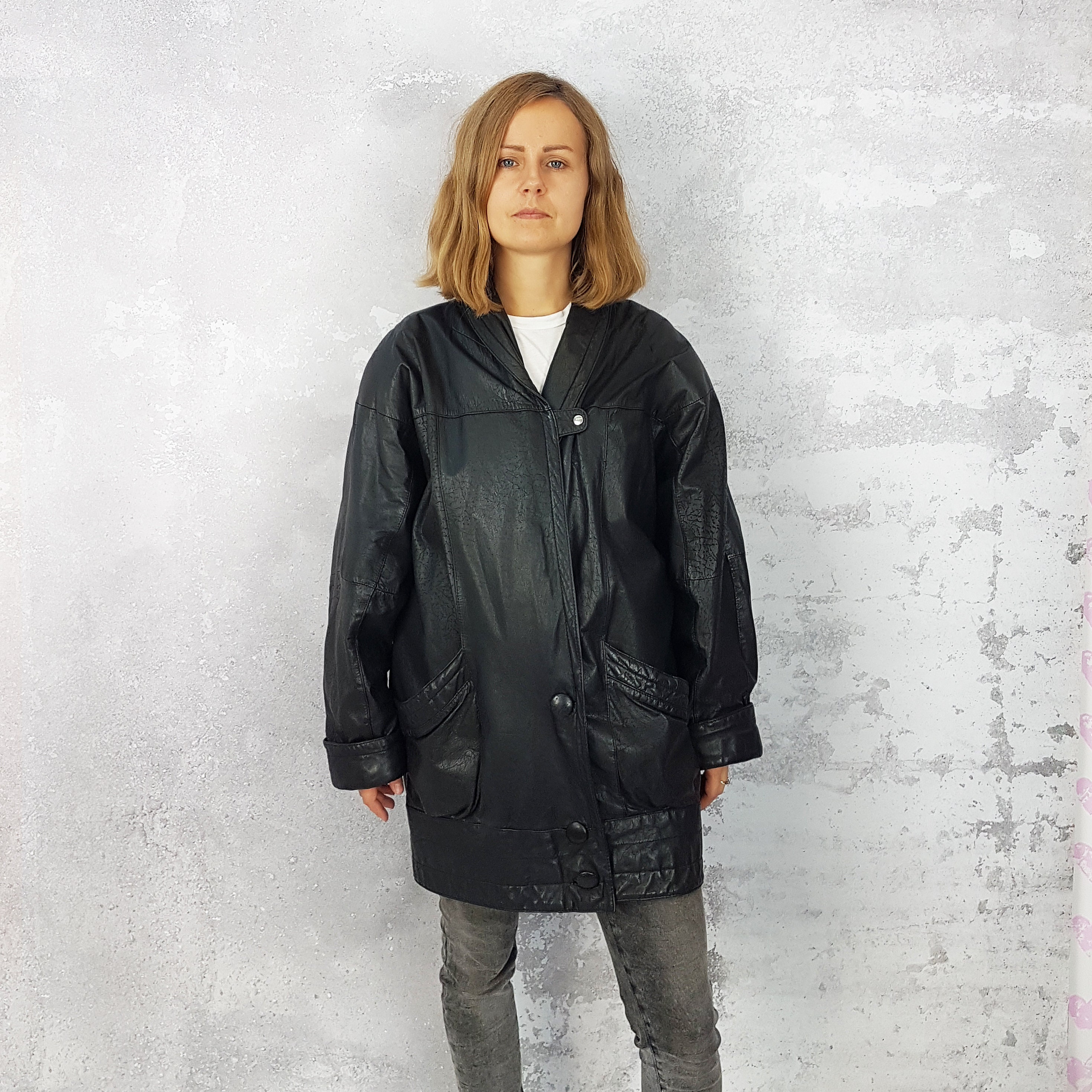 Leather Vintage Black Jacket, Size L, Hip Length Black Leather Vintage Black Jacket, Size L, Hip Length Black