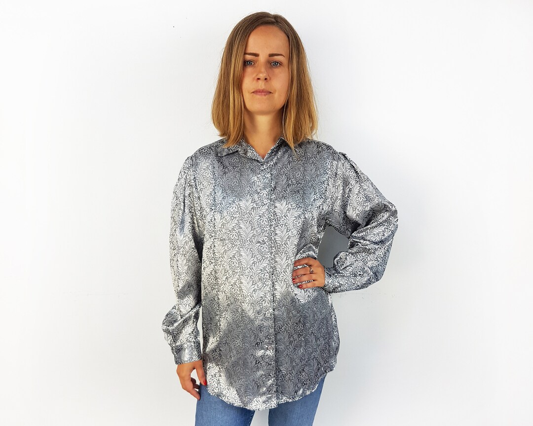Silver Grey Blouse With a Collar, Size L, Elegant Metallic Shirt, Shiny ...