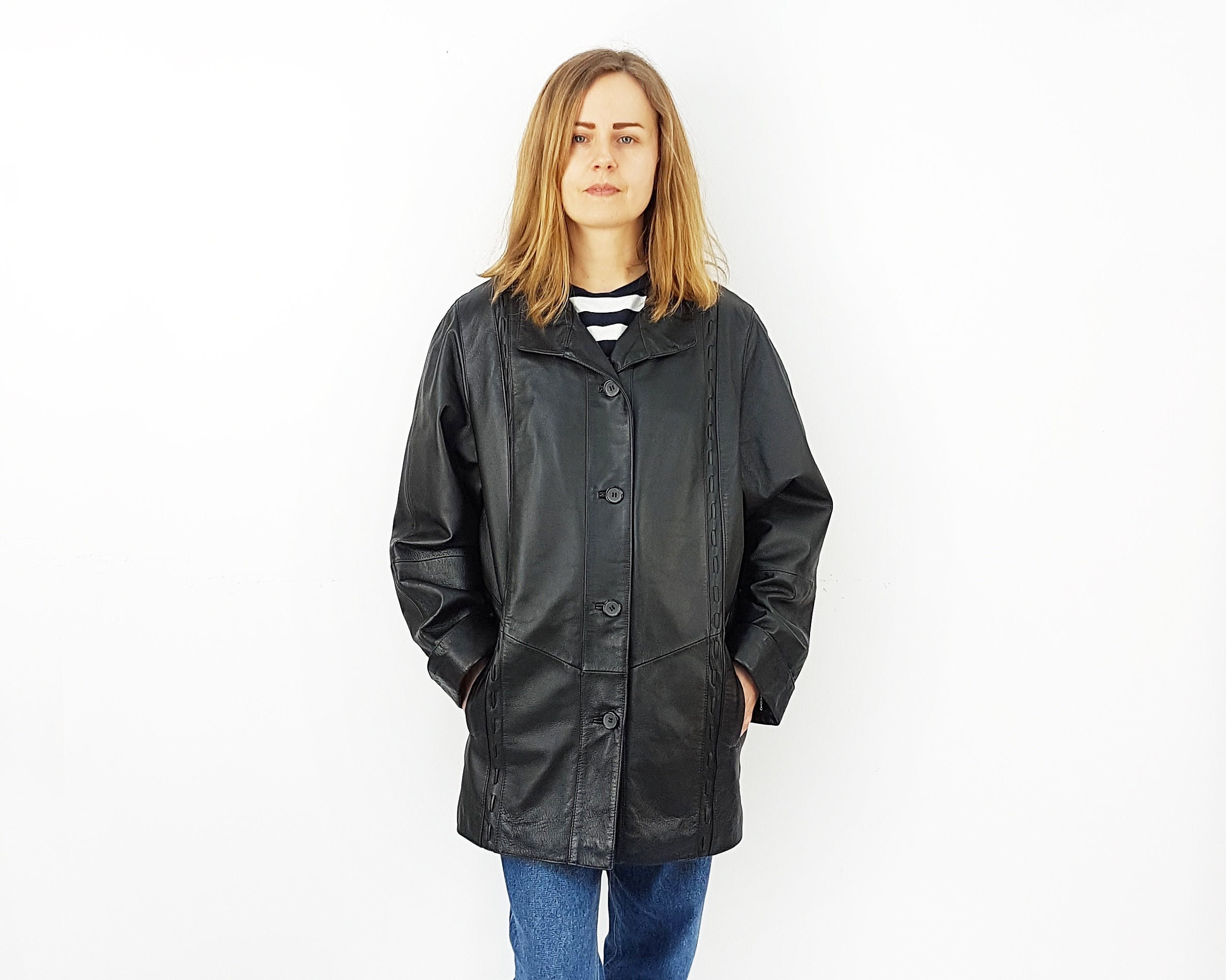 Leather Vintage Black Jacket, Size XL, Hip Length Black Leather Vintage Black Jacket, Size XL, Hip Length Black