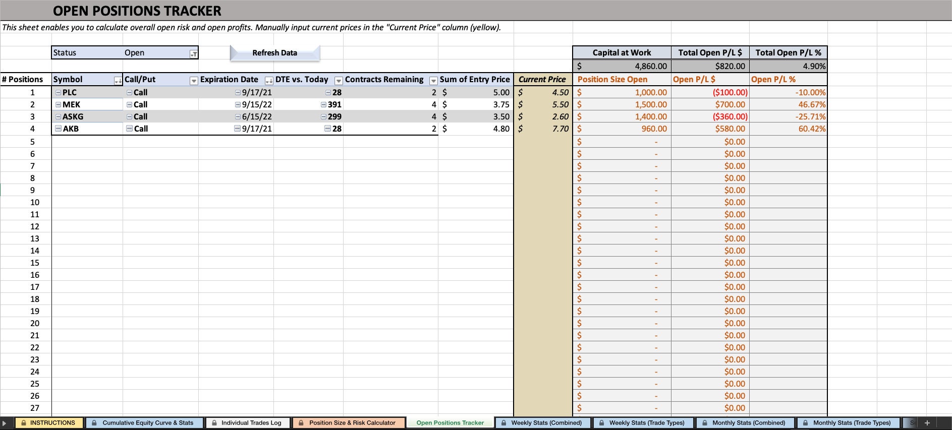 OPTIONS TRADING JOURNAL Excel Spreadsheet | Day Trading Swing Trading ...