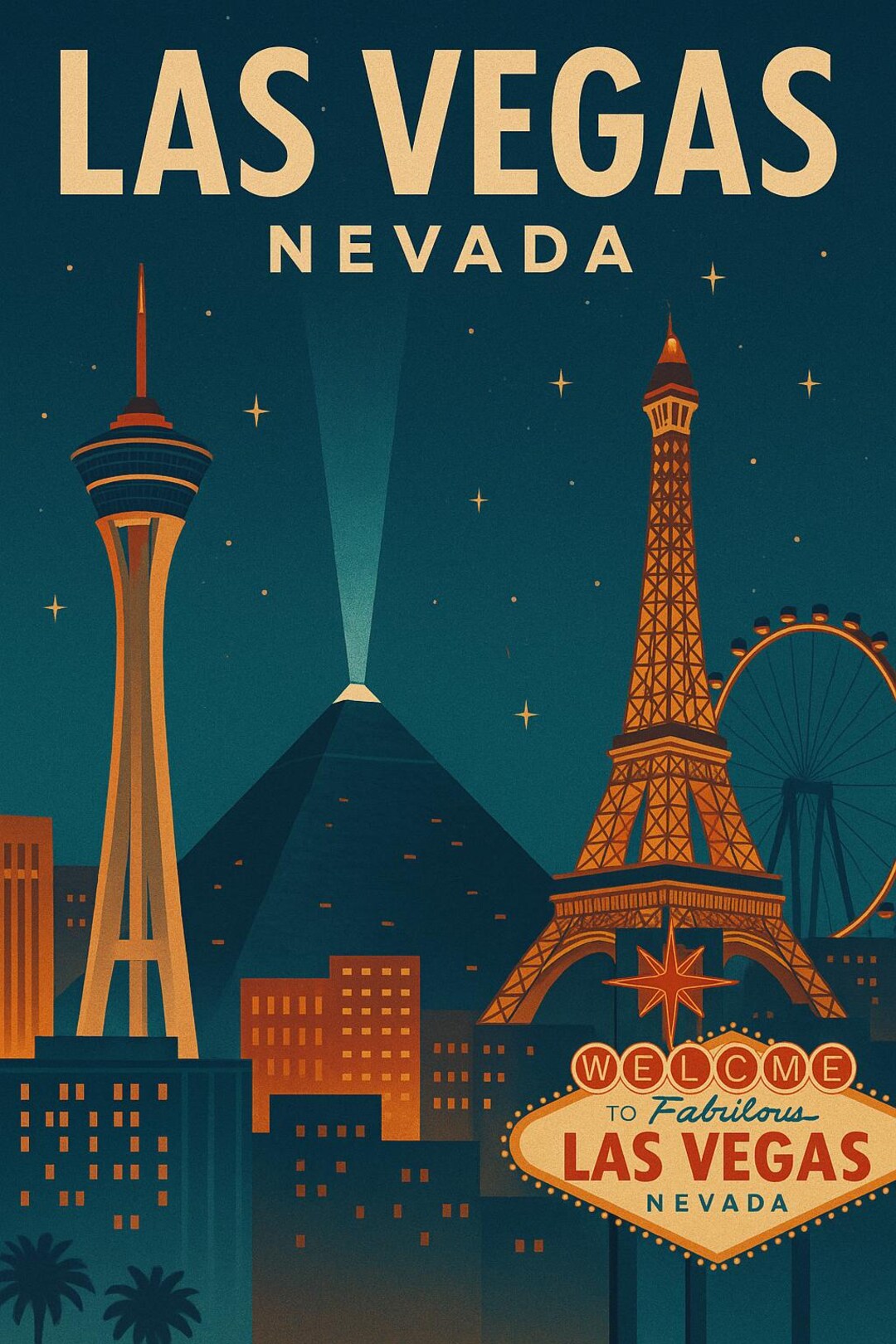 Retro Las Vegas Skyline Poster – Vintage Nevada Stadtansicht (Digitaler ...