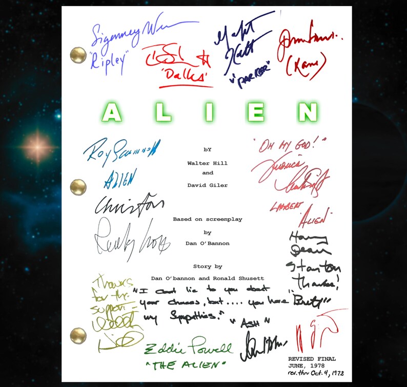 Alien Script Signed, Autograph Reprints, Screenplay, Sigourney Weaver ...