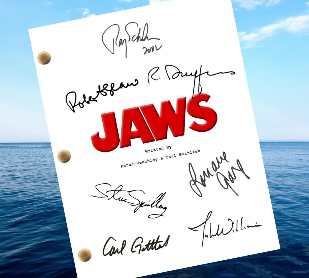 Jaws Movie Script With Autographs, Roy Scheider, Steven Spielberg, Richard Dreyfuss, Lorraine ...