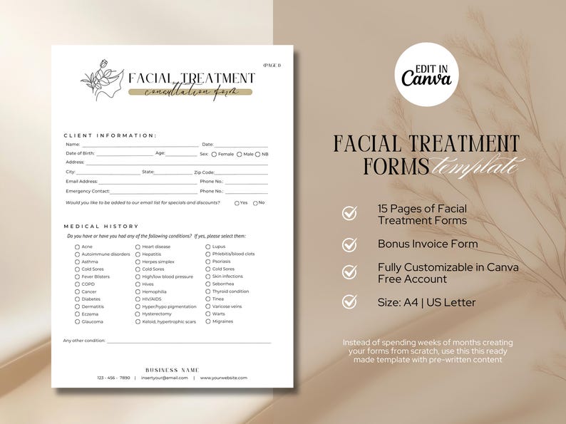 EDITABLE Facial Treatment Form Template for Esthetician Skin Analysis ...