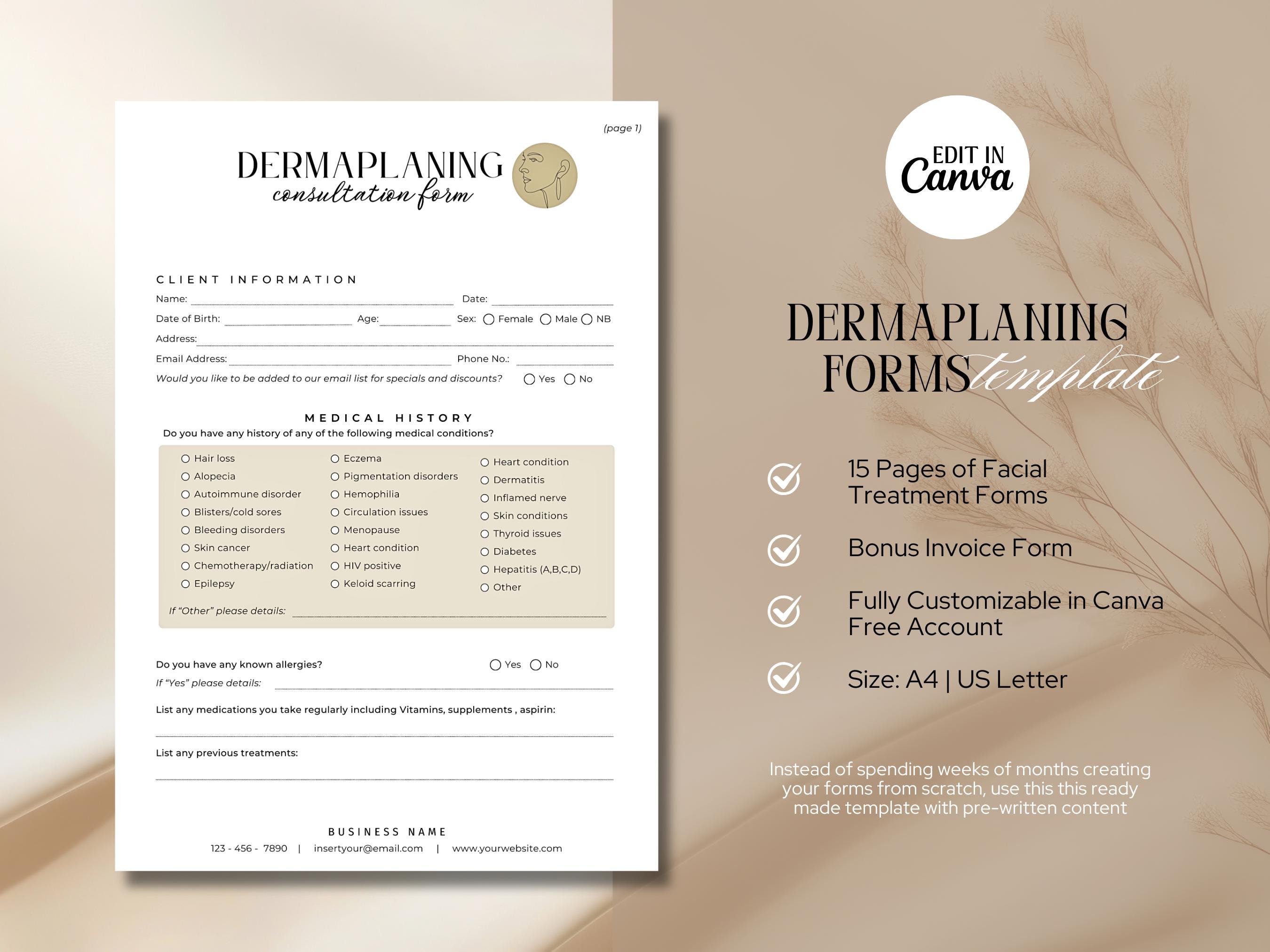 EDITABLE Dermaplaning Consent Form Template for Esthetician Client ...