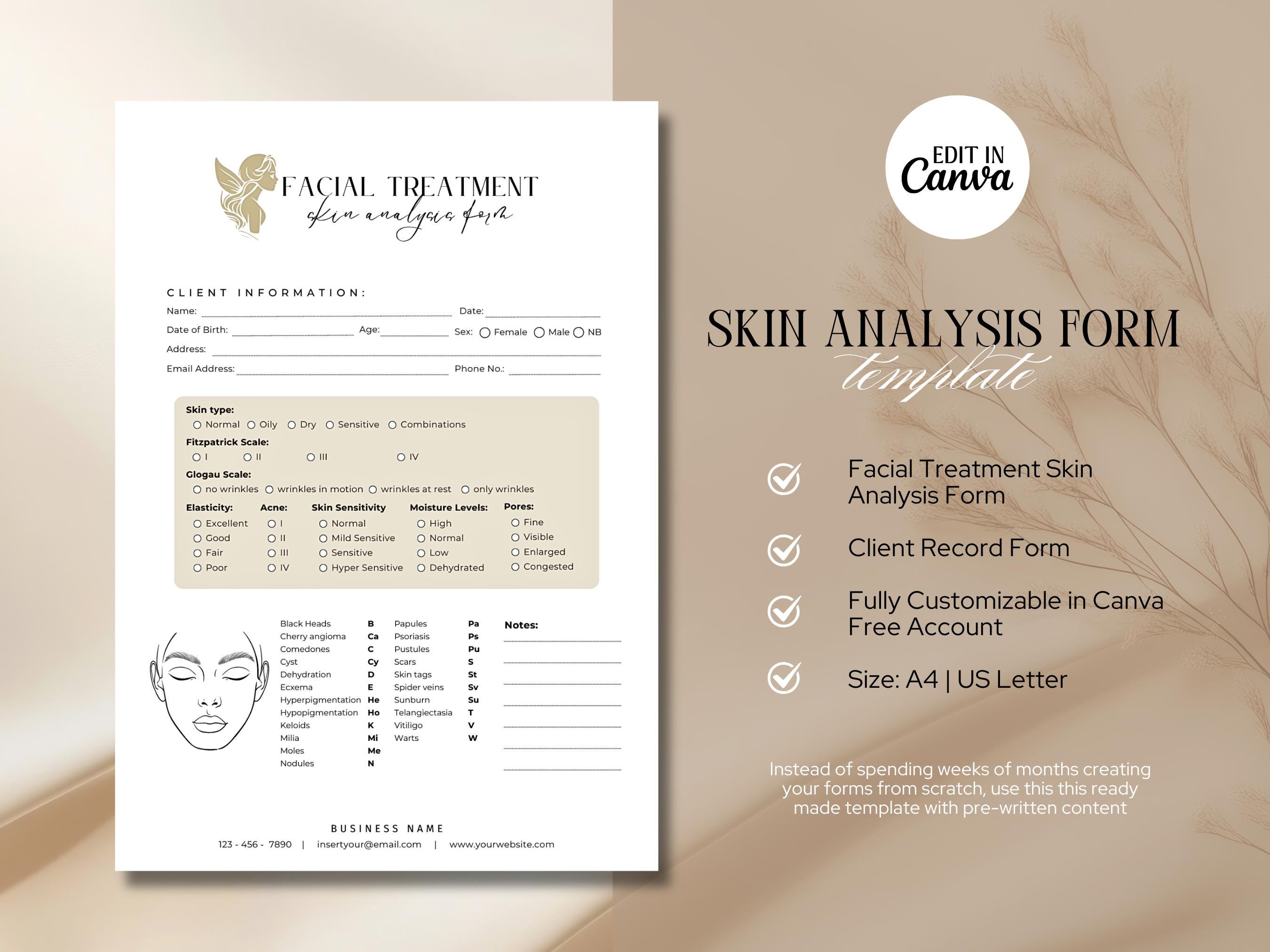 EDITABLE Skin Analysis Form Template Esthetician Facial Treatment ...