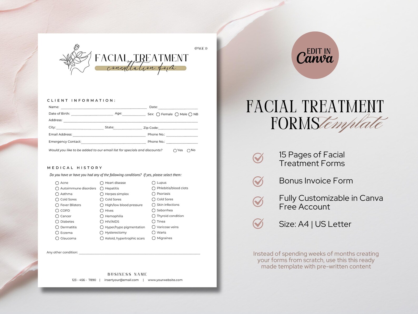 Facial Treatment Form Template for Esthetician Skin Analysis ...