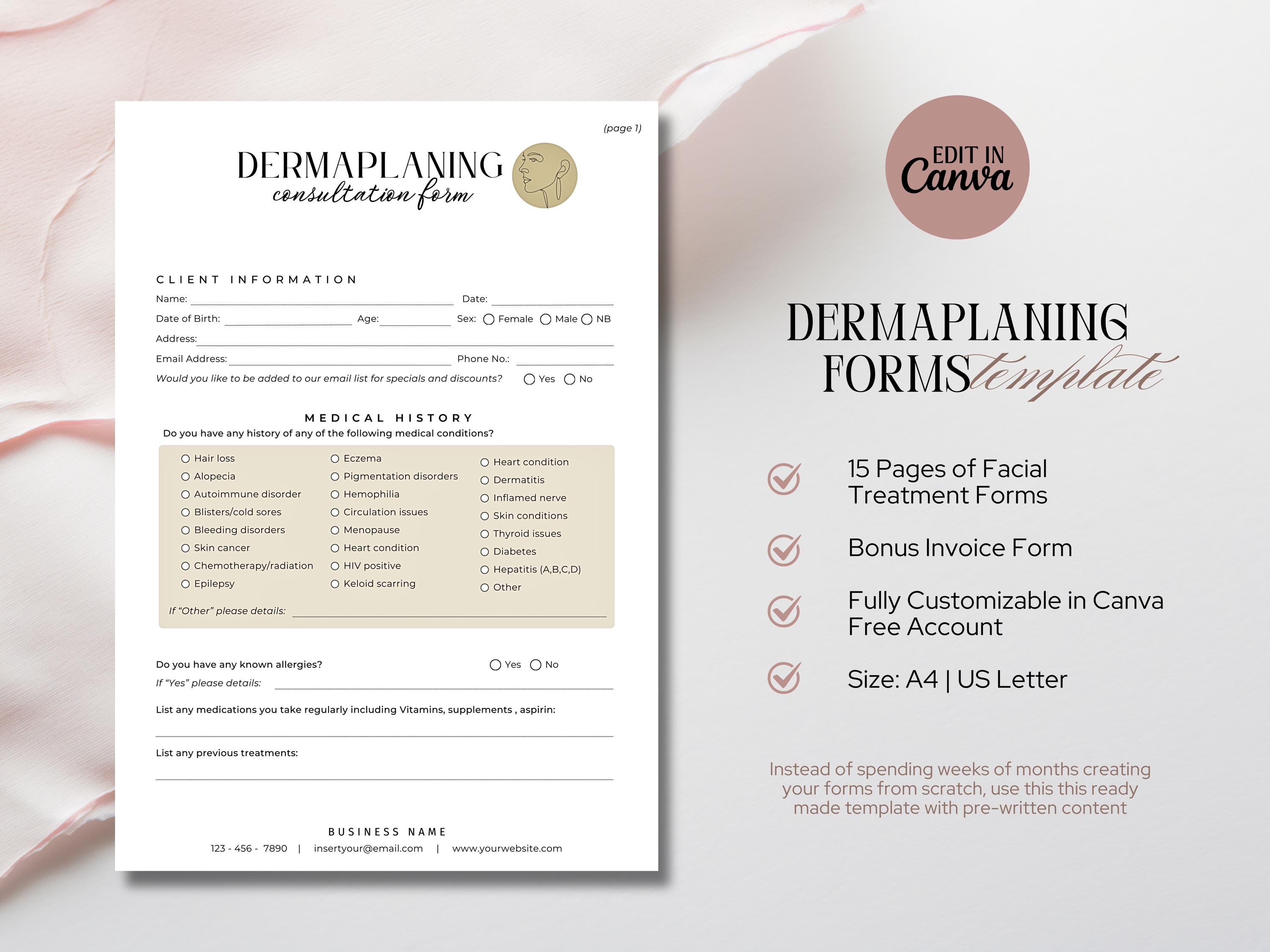 Dermaplaning Form Template for Esthetician Client Consultation ...