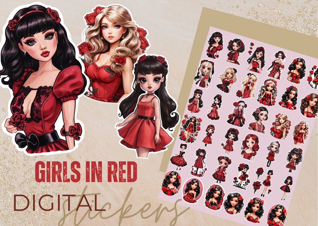 36 DIGITAL Stickers for Printing. Girls and Dolls in Red Dresses. A4 ...