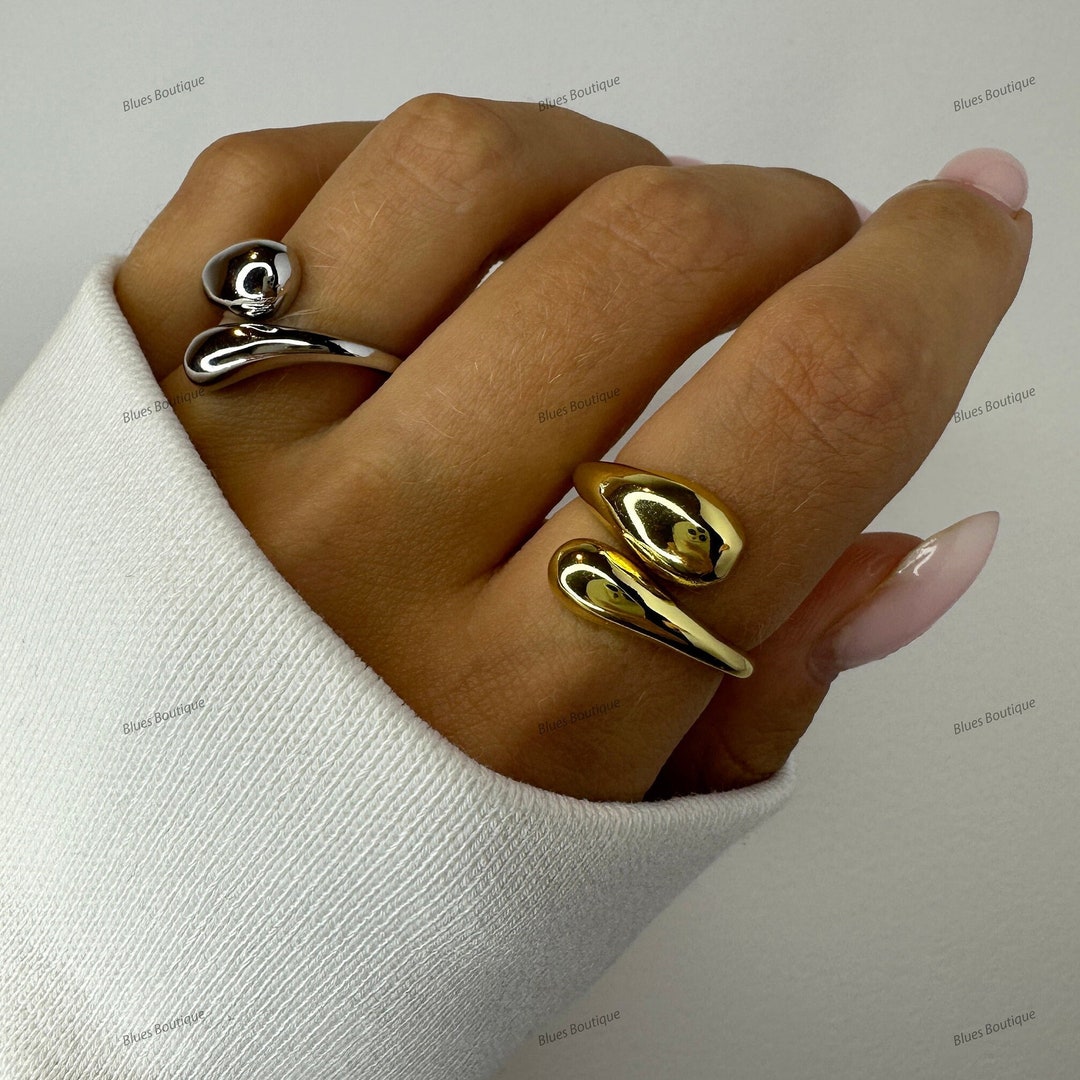 Abstract Drop Style Liquid Metal Ring Irregular Gold and Silver Jewelry ...
