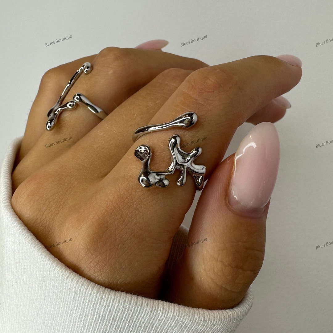 Melted Liquid Metal Silver Rings for Women Chunky Molten Abstract ...