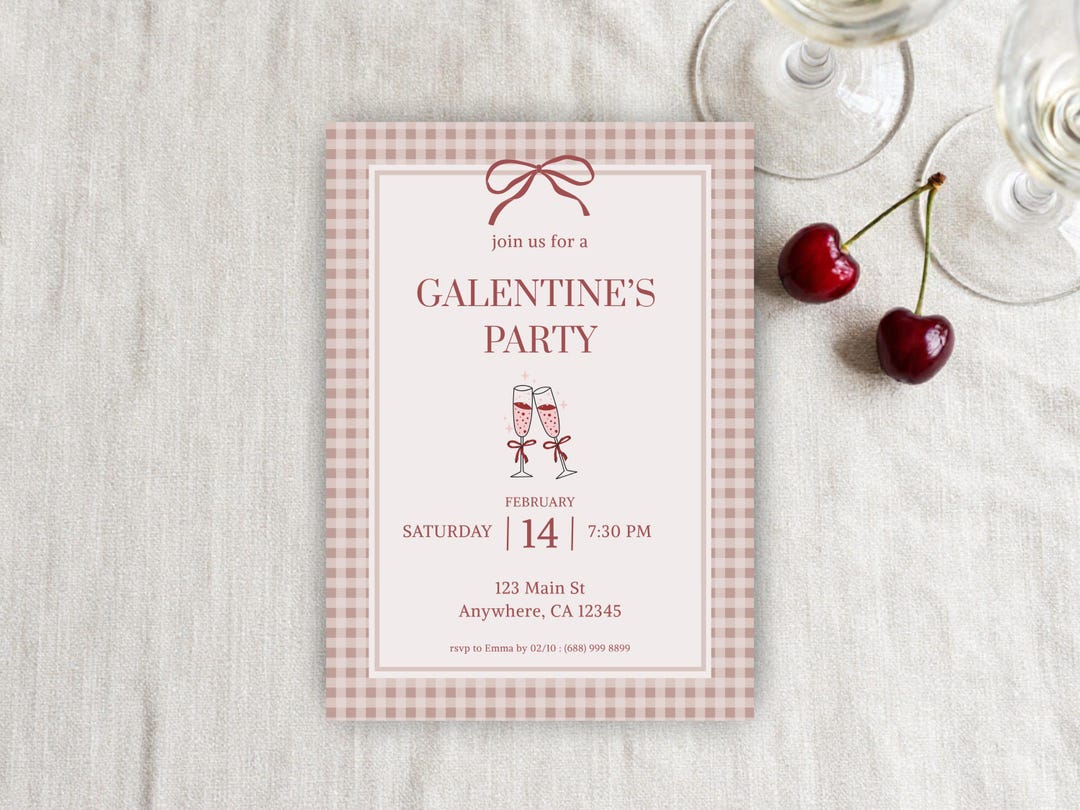 Galentine's Party Invitation Pink Gingham With Bow | Editable Digital ...