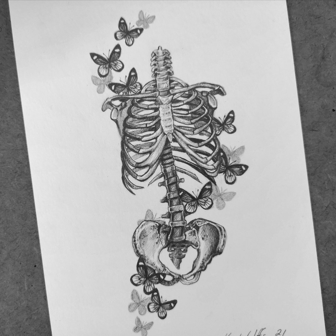 Butterflies and Skeleton original drawing | Etsy