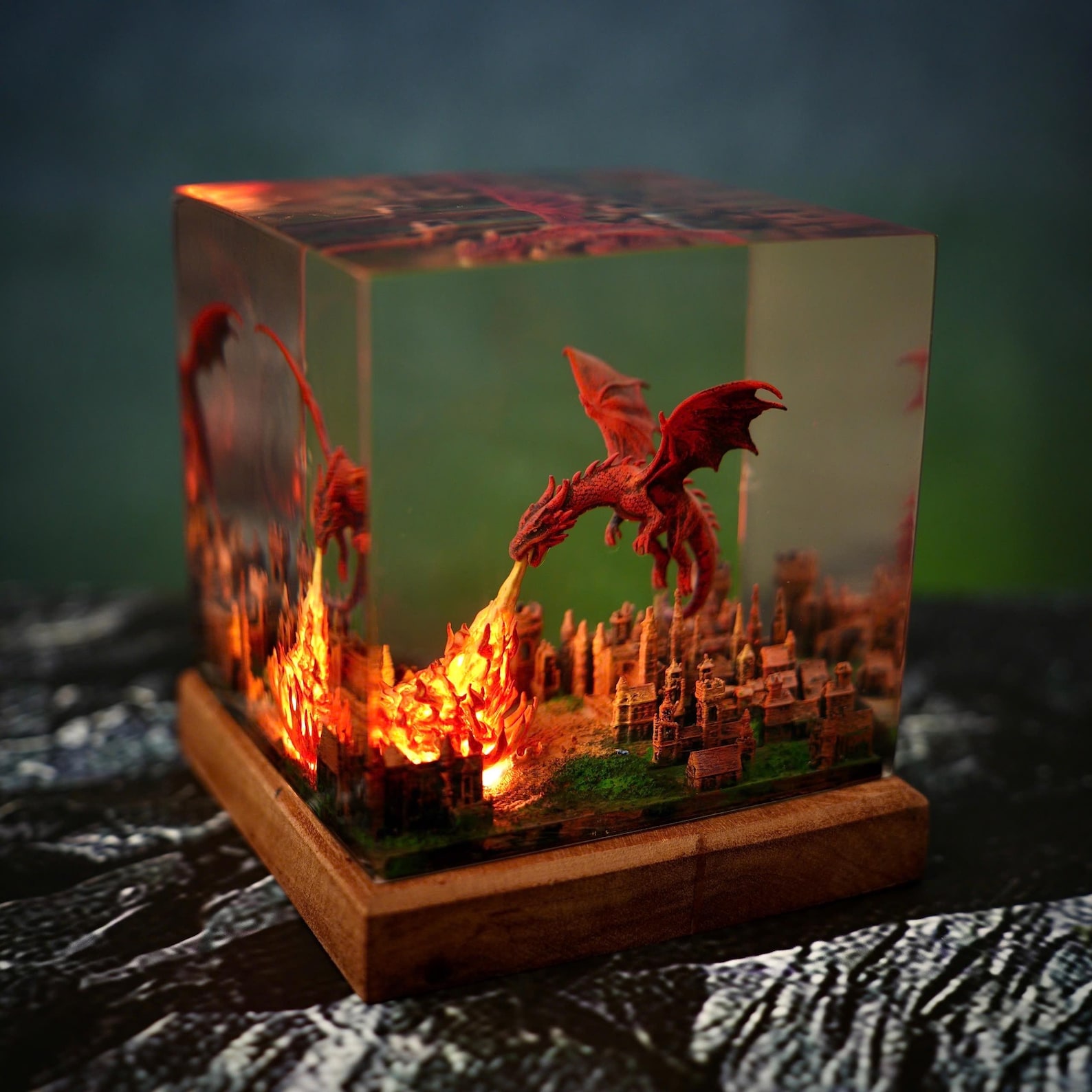 Dragon Breathing Fire on City, Fantasy Dragon Lamp – Resin & Wood Night ...