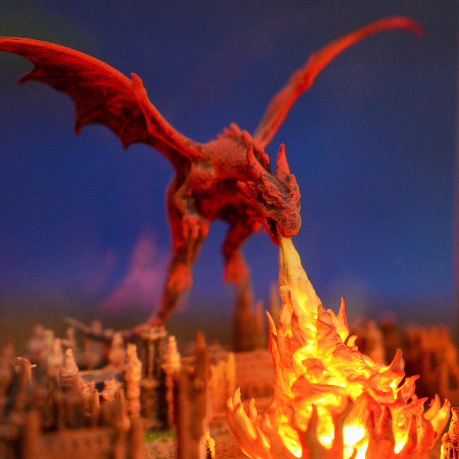 Dragon Breathing Fire on City, Fantasy Dragon Lamp – Resin & Wood Night ...