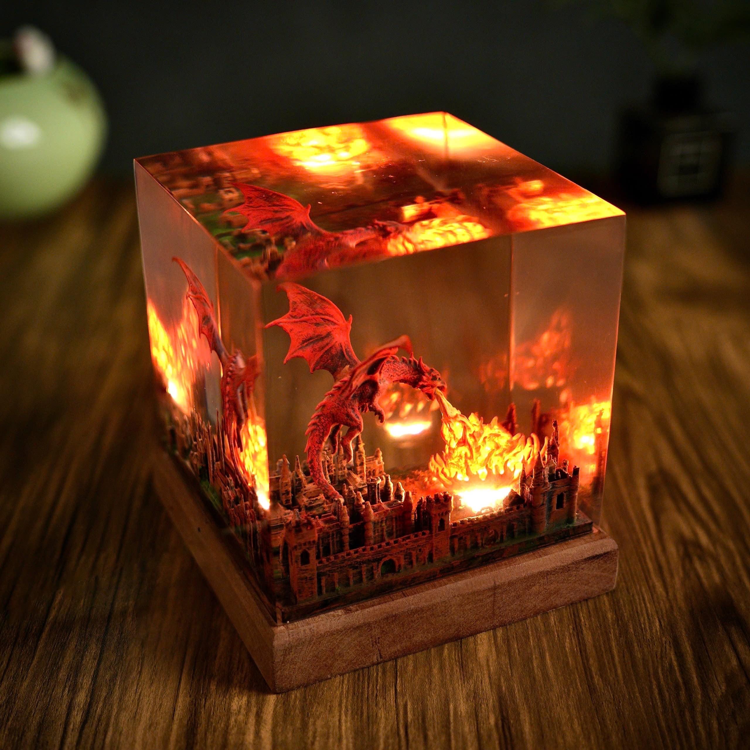 Dragon Breathing Fire on City, Fantasy Dragon Lamp – Resin & Wood Night ...