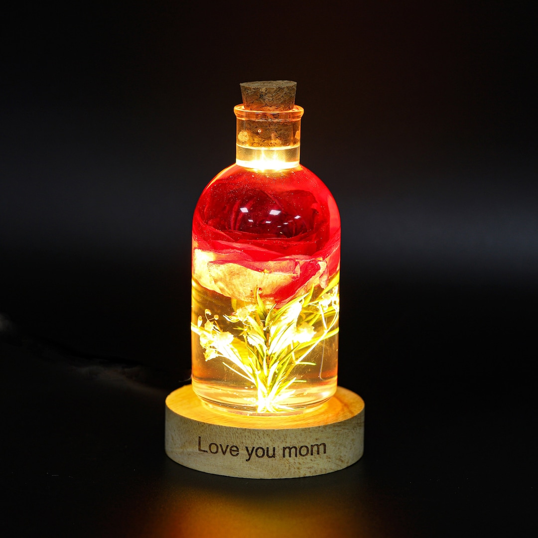 REAL ROSE Flower Night Light Romantic Night Light Resin Lamp With ...