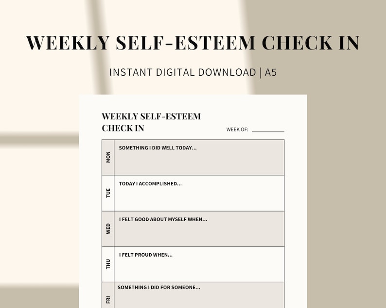 SELF-ESTEEM Worksheet Weekly Check in Self-love Worksheet Self-love ...