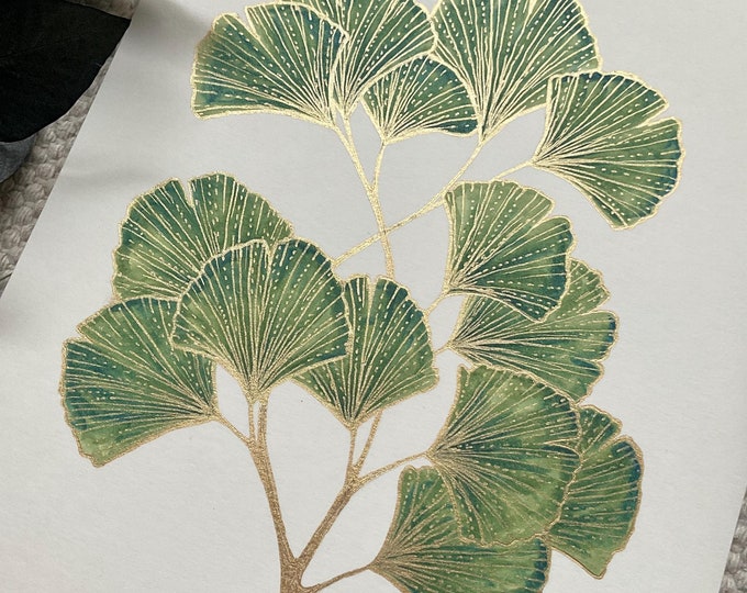 Ginkgo Botanical Art Gold Ginkgo Wall Decor Leaves Green Gold ...