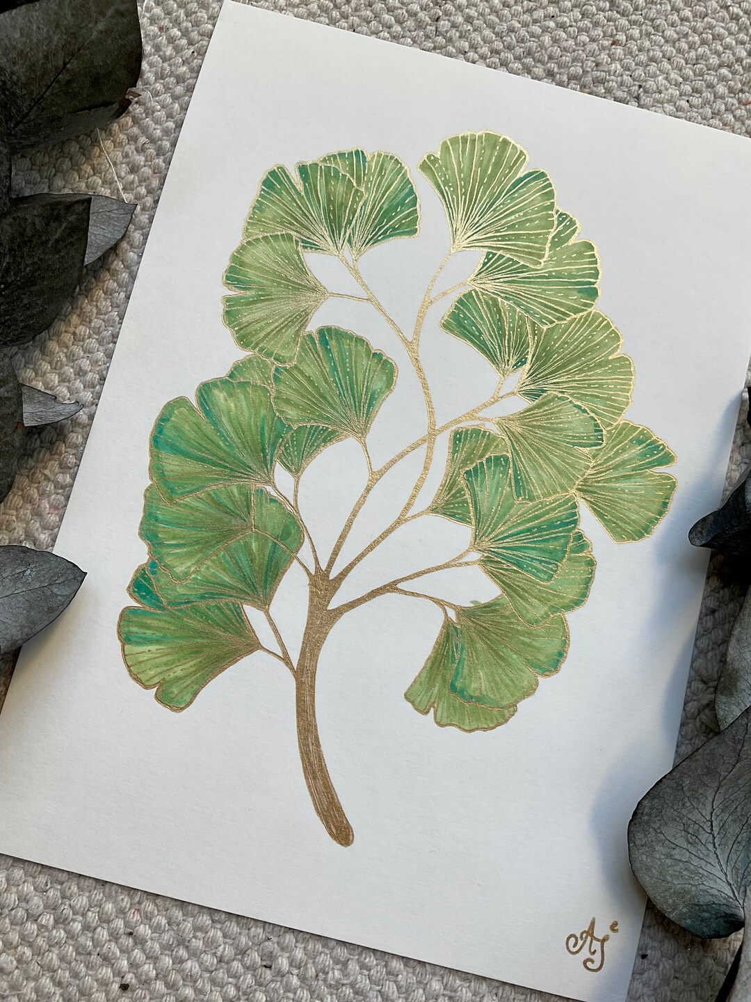 Ginkgo Botanical Art Gold Ginkgo Wall Decor Leaves Green Gold ...
