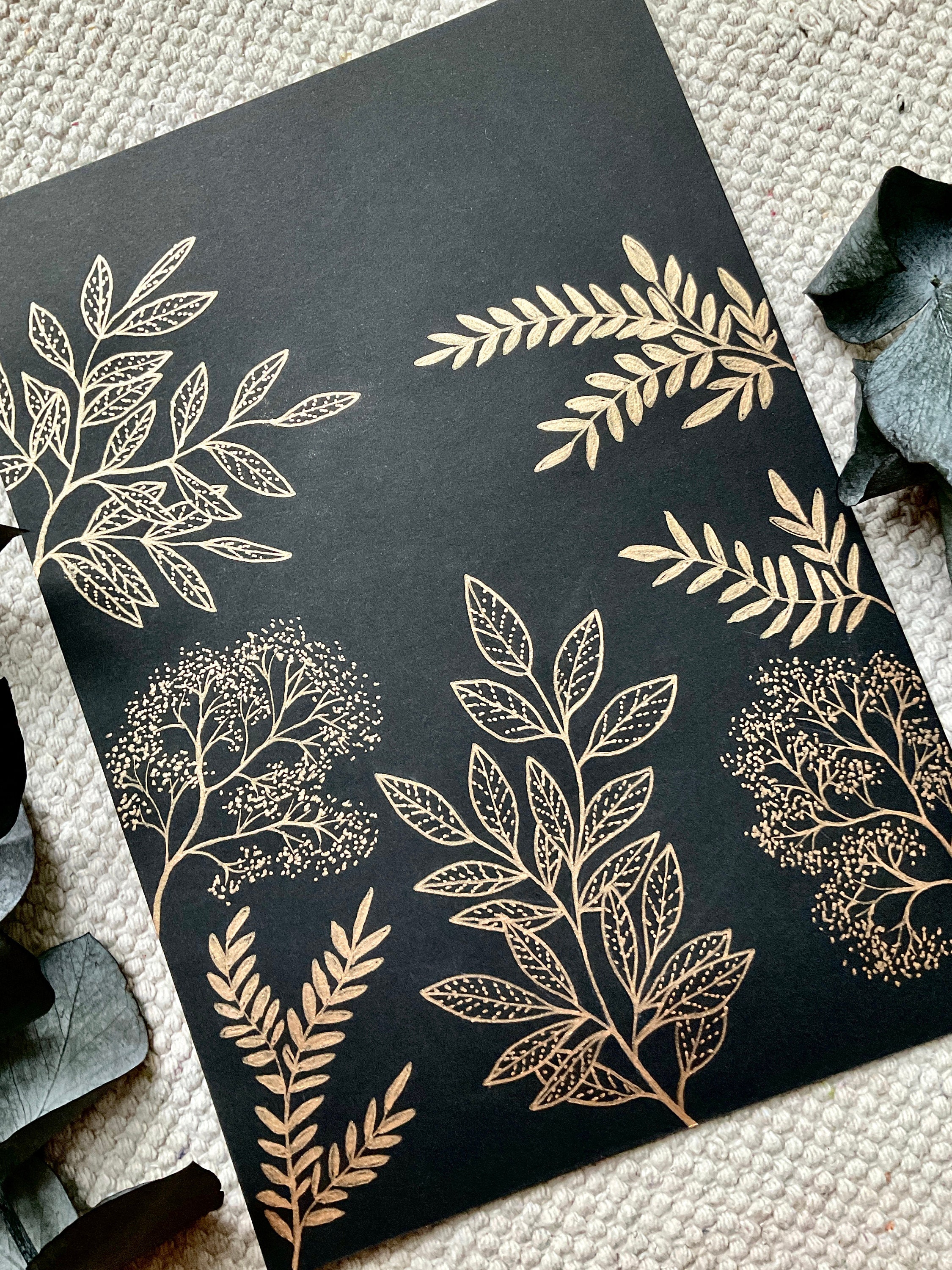Black & Gold Botanical Art Black Wall Decor Golden Leaves Decoration ...