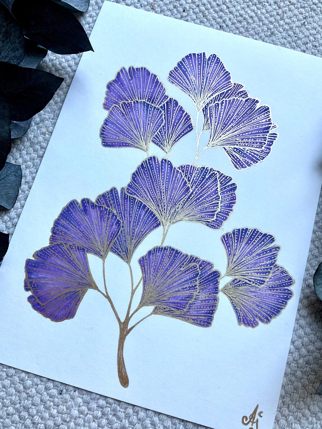 Ginkgo Botanical Art Gold Ginkgo Wall Decor Leaves Gold Violet ...