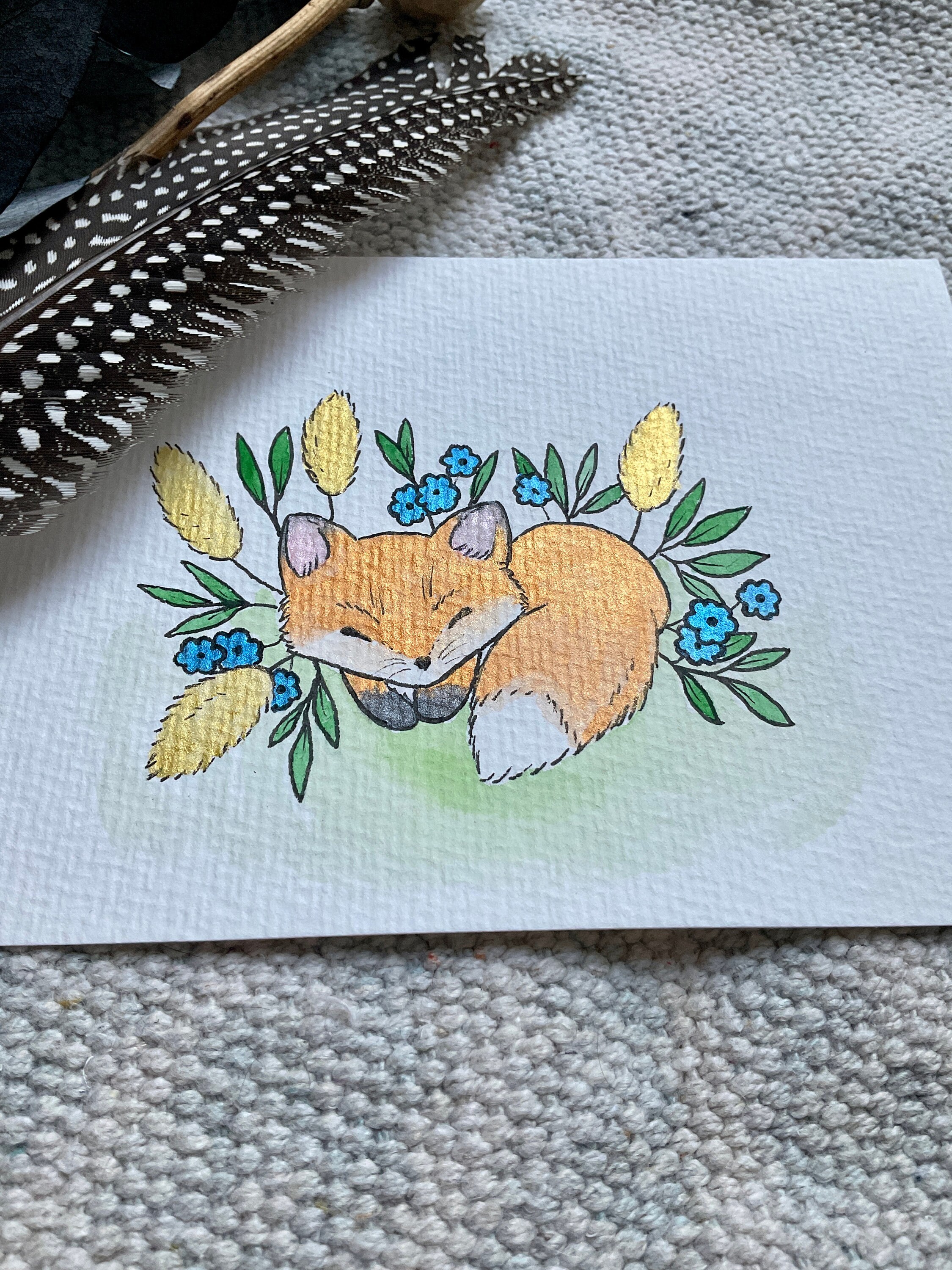 Hand Painted Fox Postcard Sleeping Fox Watercolor Painting Cute Kawaii ...