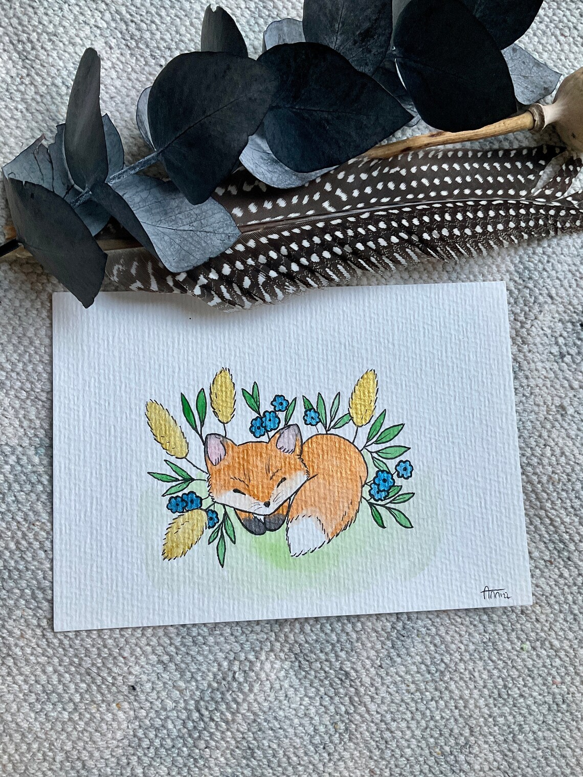 Hand Painted Fox Postcard Sleeping Fox Watercolor Painting Cute Kawaii ...