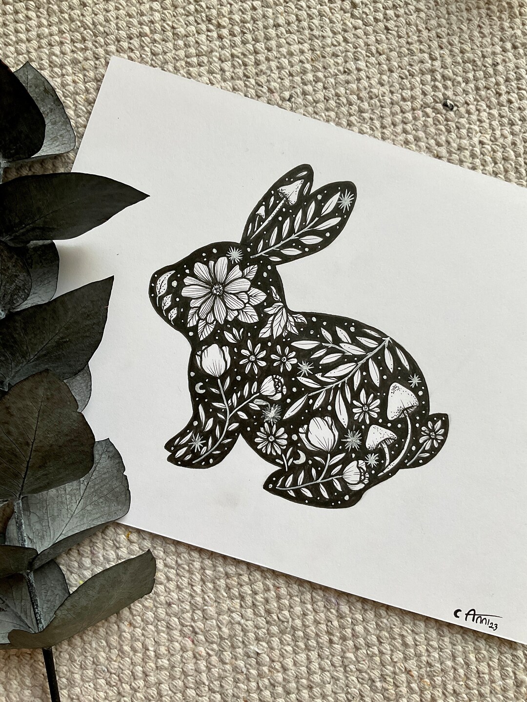 Bunny Illustration Black & White Art Decor Wall Kawaii Rabbit Ink ...