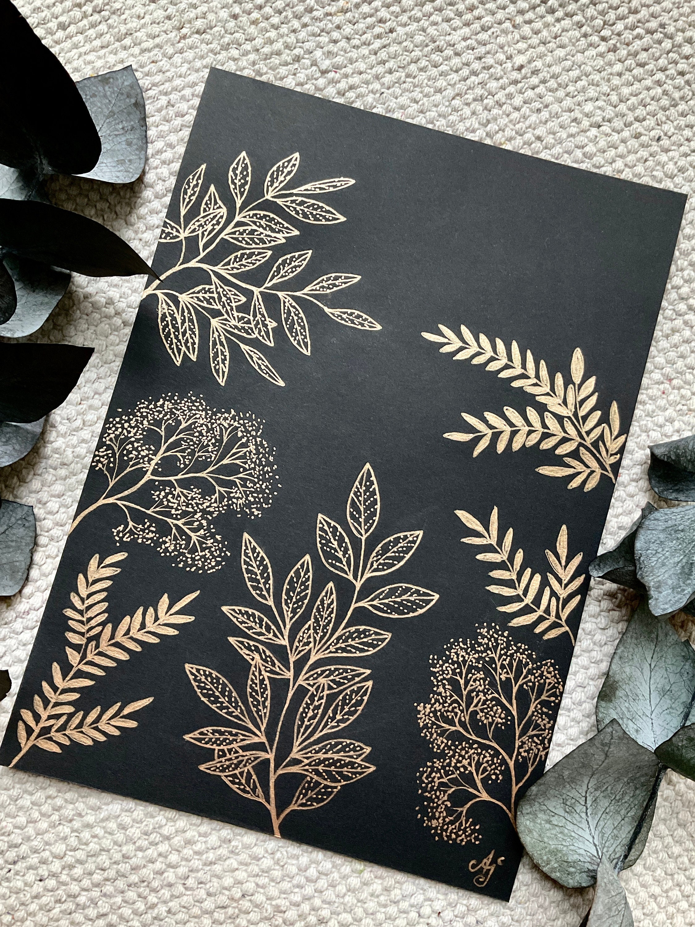 Black & Gold Botanical Art Black Wall Decor Golden Leaves Decoration ...