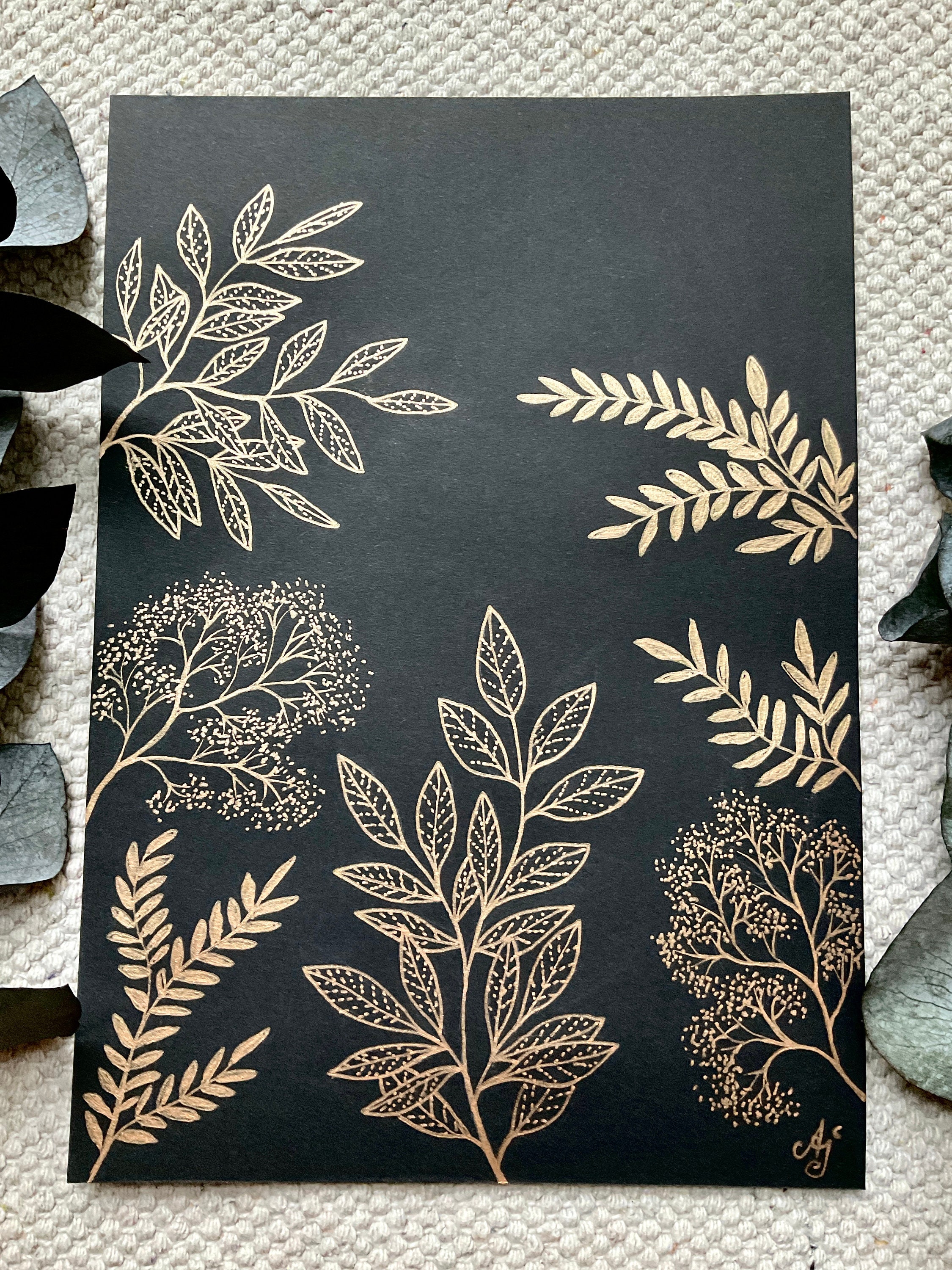 Black & Gold Botanical Art Black Wall Decor Golden Leaves Decoration ...
