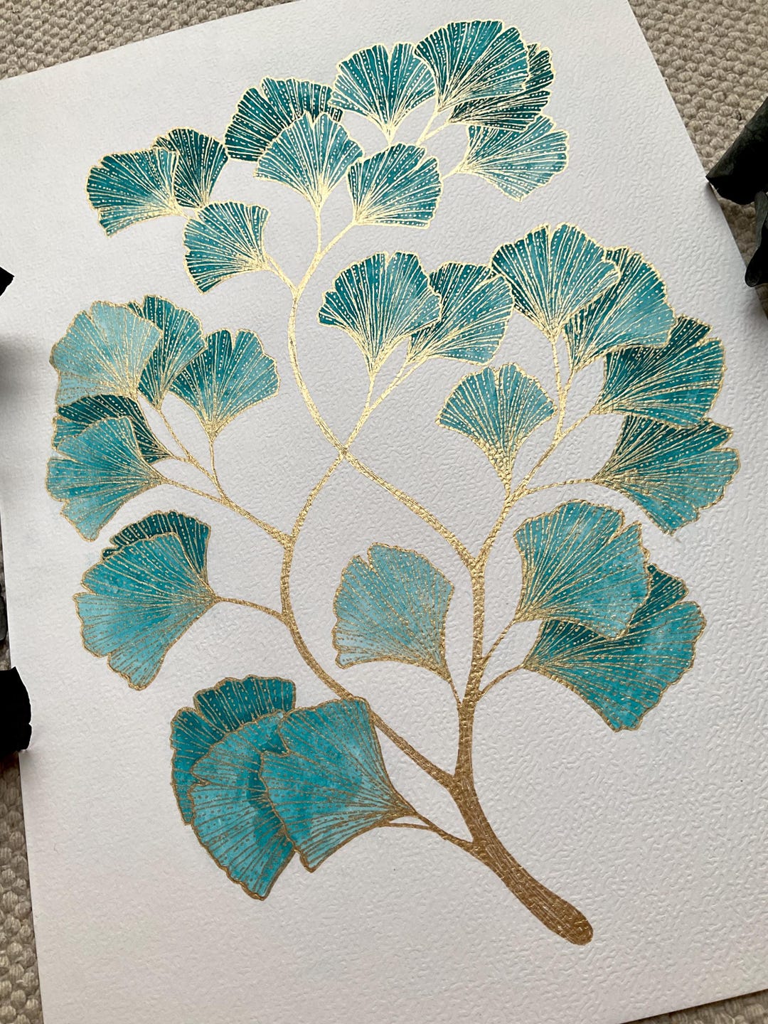 Ginkgo Botanical Art Gold Ginkgo Wall Decor Leaves Blue Gold Decoration ...