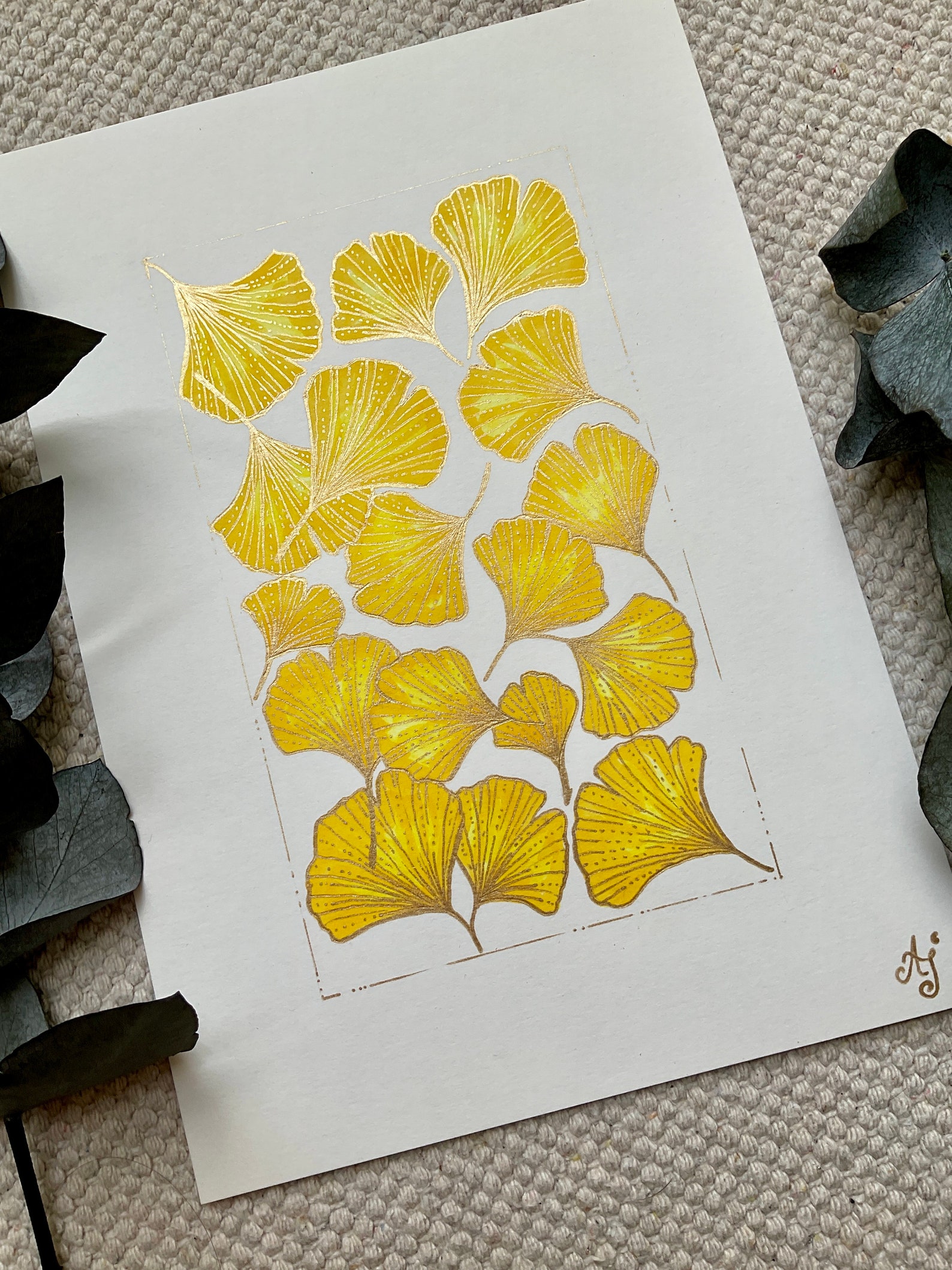 Ginkgo Botanical Art Gold Ginkgo Wall Decor Leaves Yellow Gold ...