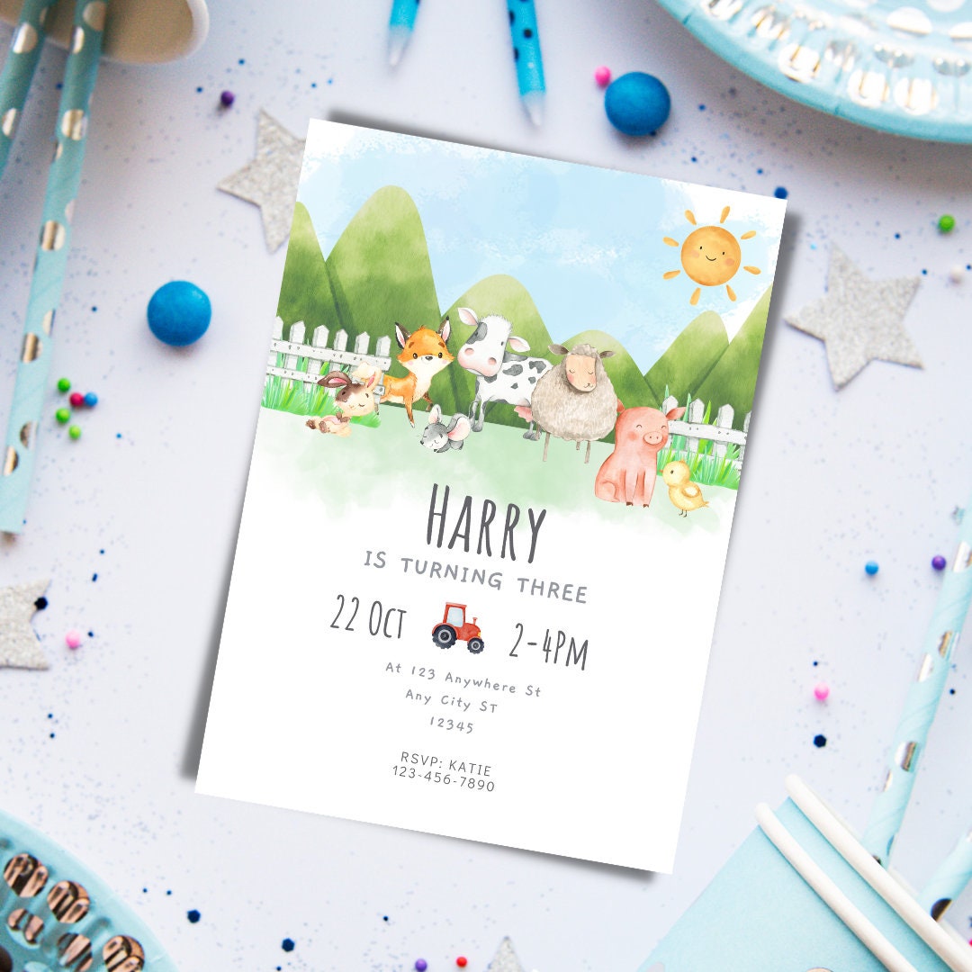 Farm Animal Party Invitation, Childrens Party, Party Invite, Farm Theme ...