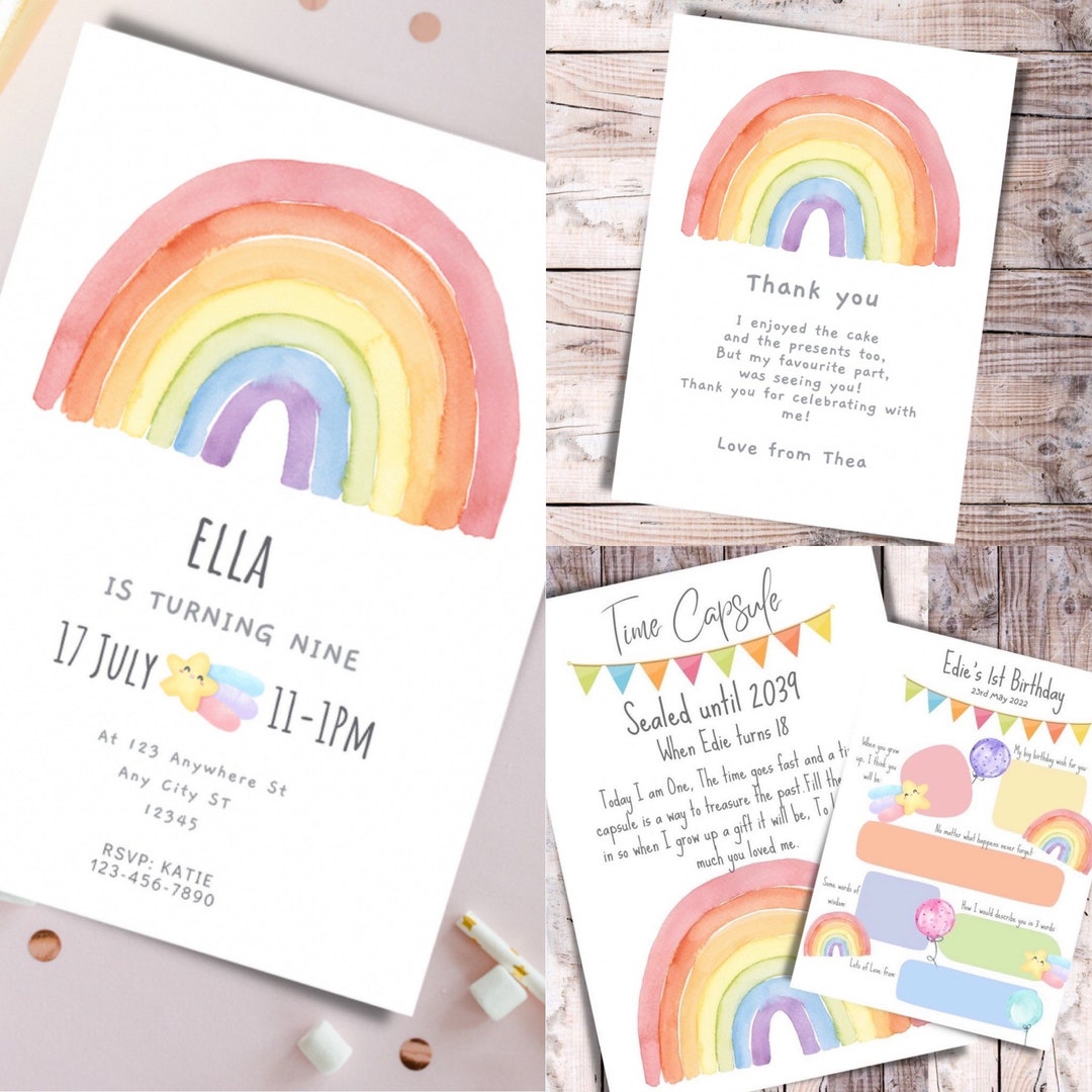 Rainbow Birthday Party Pack: Invitations, Thank You & Time Capsule ...