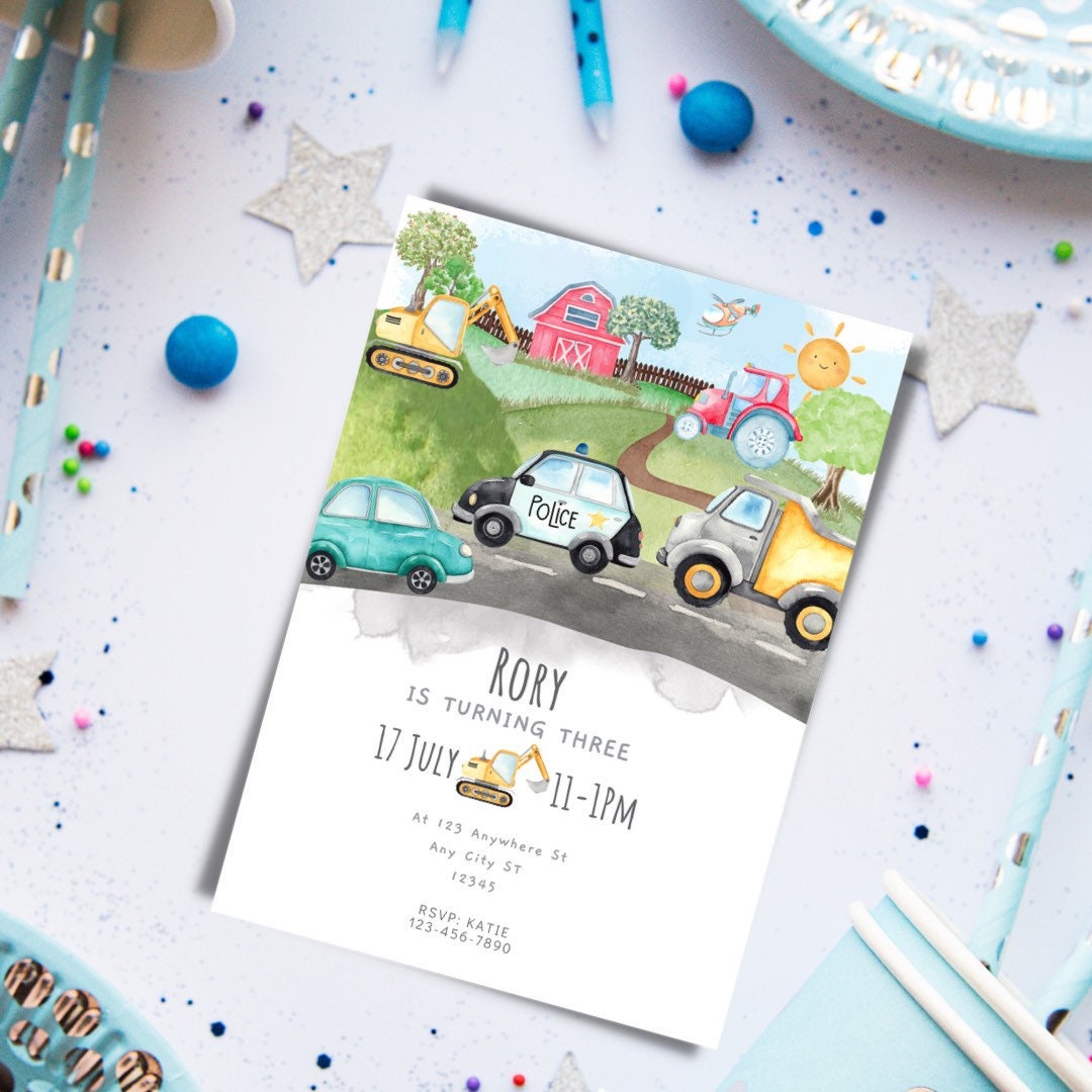 Vehicle Birthday Party Invitation Vehicles, Childrens Party, Party ...
